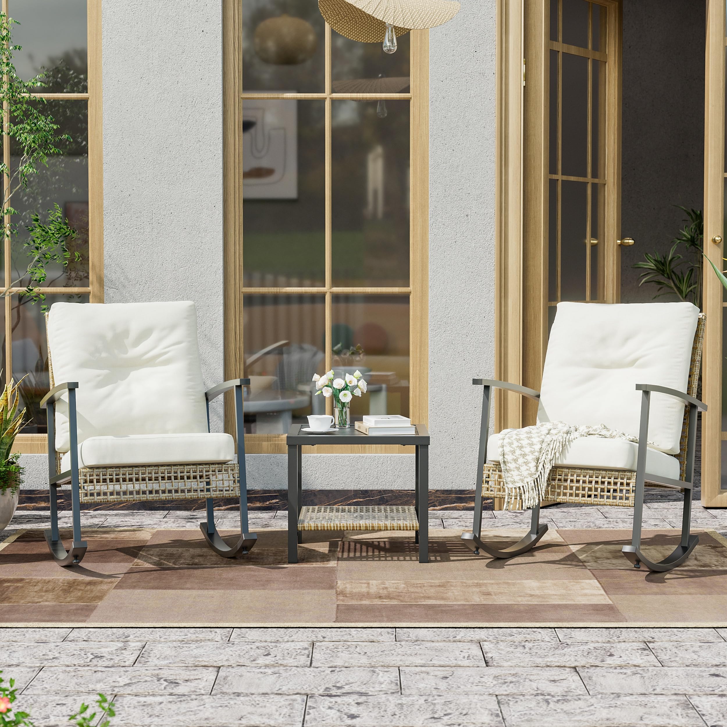 Outdoor Conversation Set With Table AVAWING 3-Piece - 2 Rattan Rocking ...