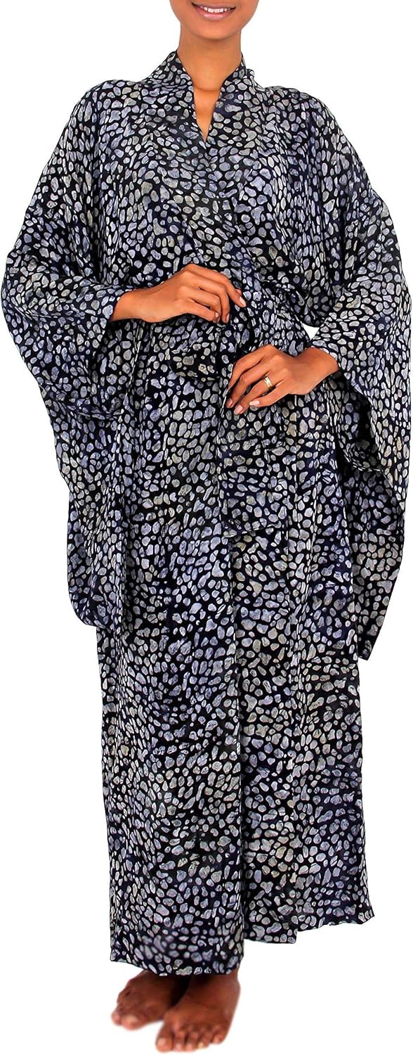 NOVICA Artisan Handmade Rayon Batik Robe Women's Gray Black with Kimono ...