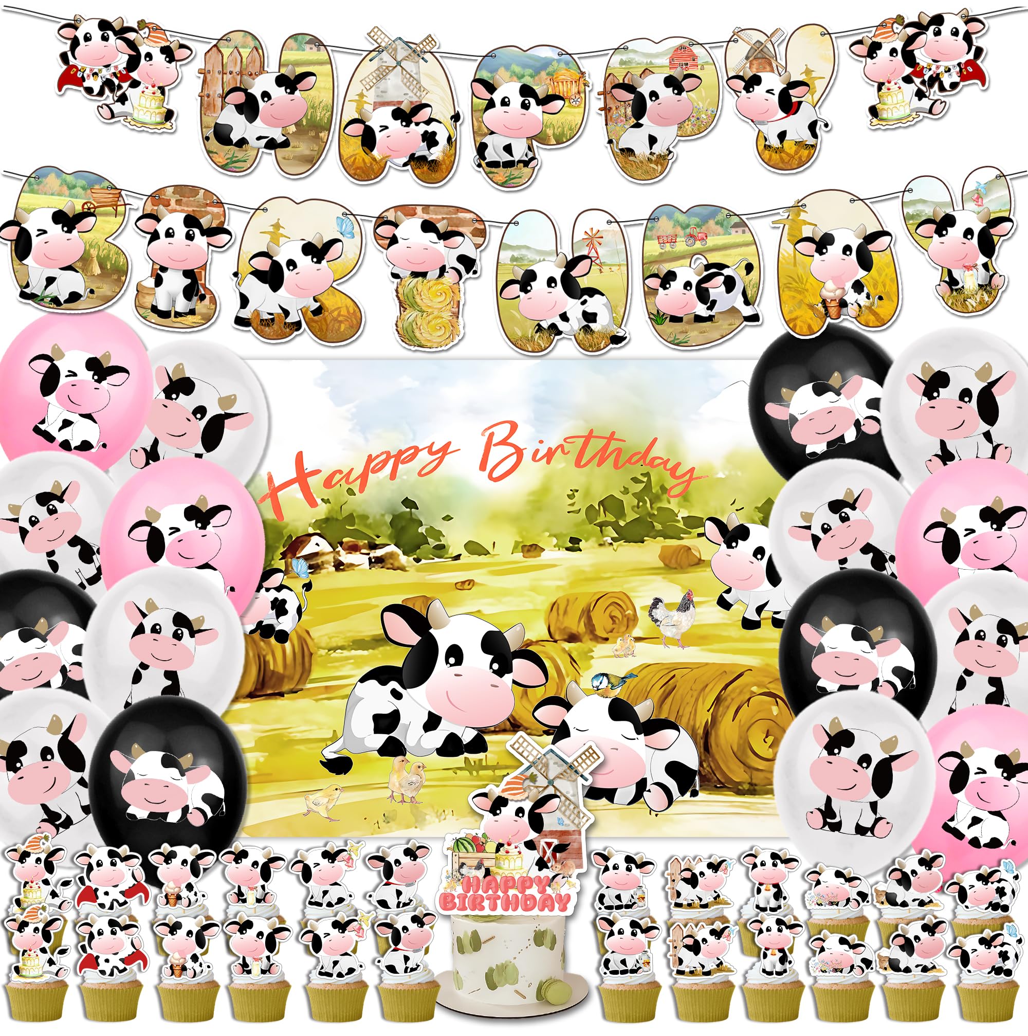 Amazon.com: 43Pcs Cow Birthday Party Decorations Include Backdrop ...