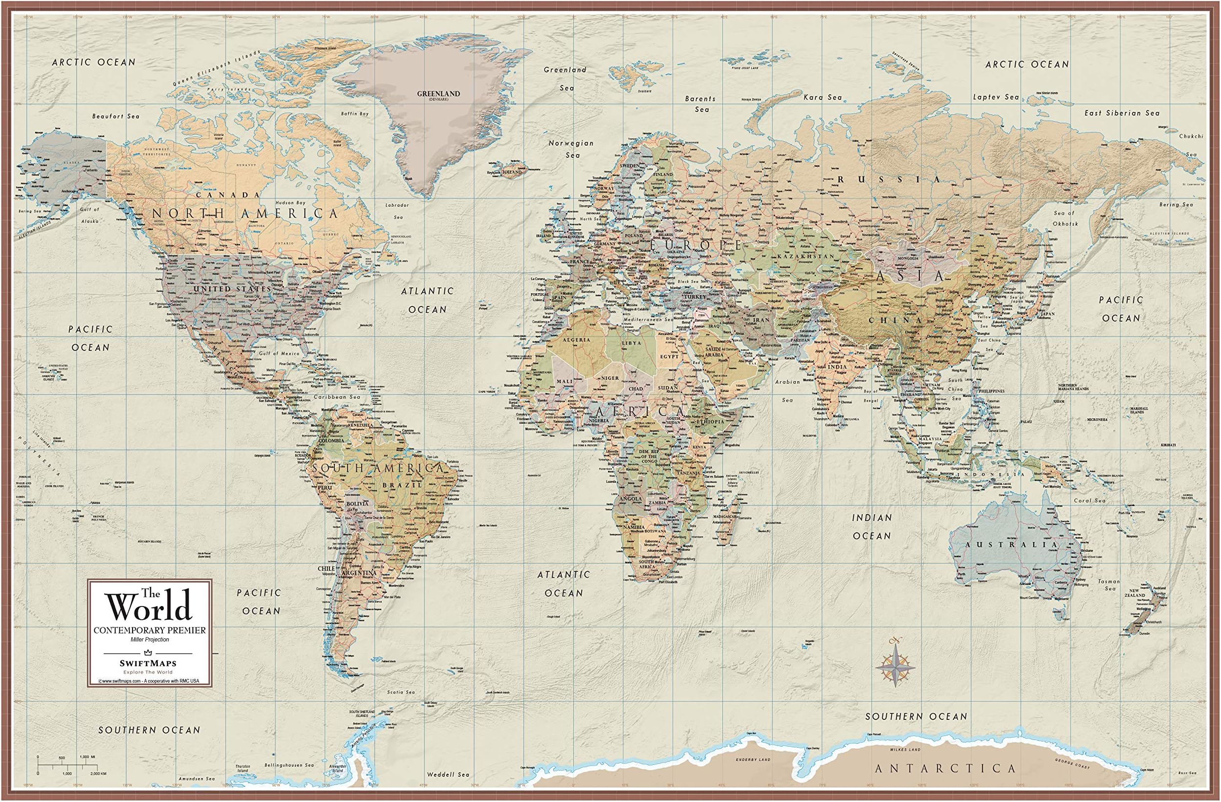 Amazon.com: Large Map Of The World – Silk Art Print World Map – Neutral ...