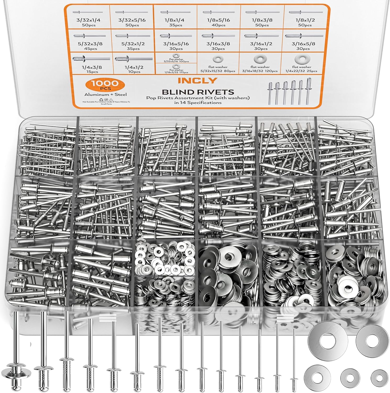 INCLY 1000PCS Aluminum Pop Rivets Assortment Kit, 14 Sizes Pop Rivets ...