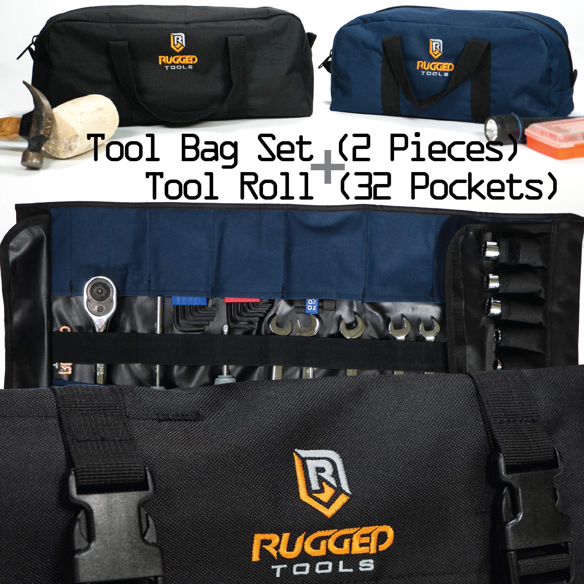 Rugged Tools Tool Roll + Tool Bag Set - Rollup Tool Puch and Small ...