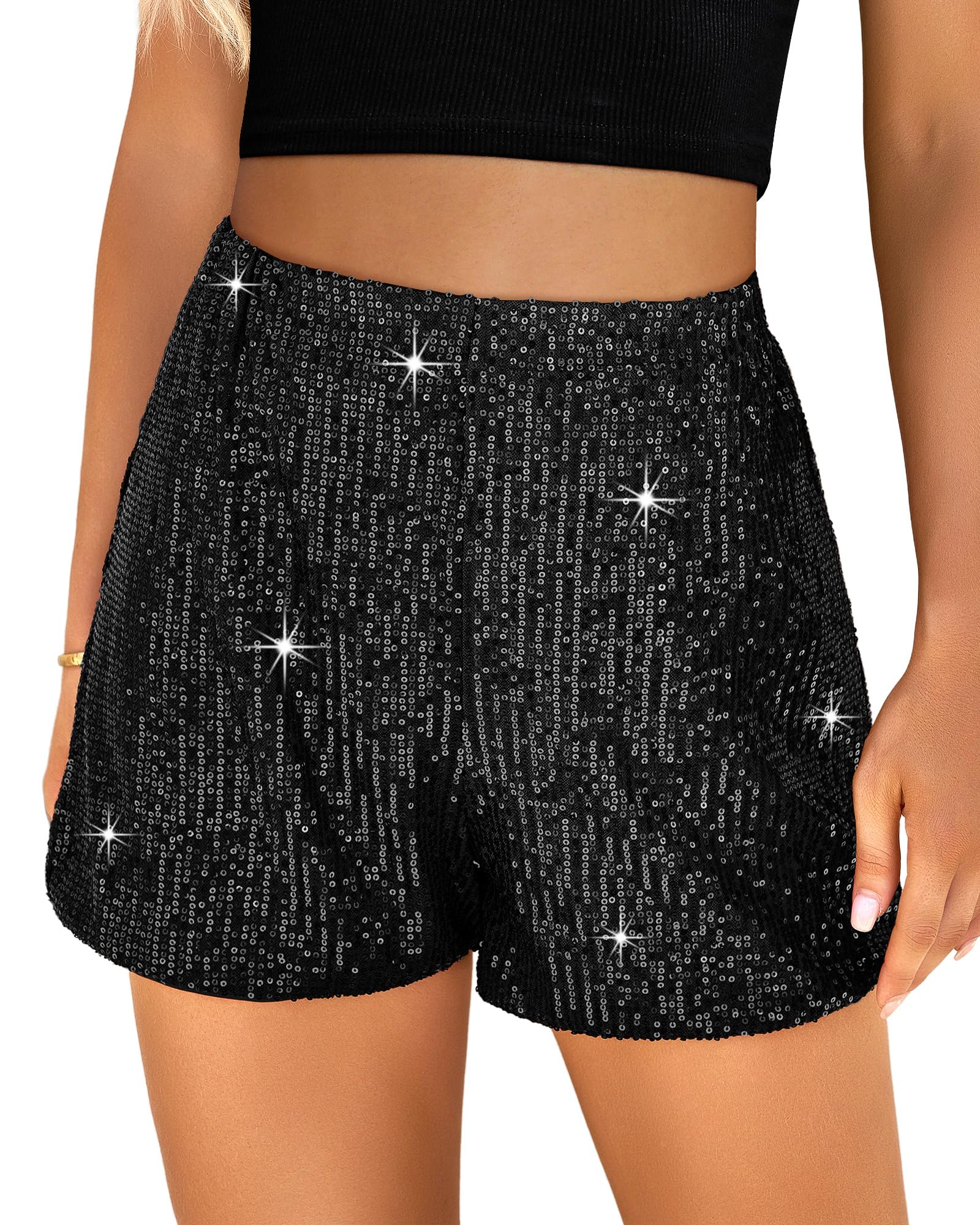 luvamia Sequin Shorts for Women Trendy High Waisted Stretchy Pull On ...