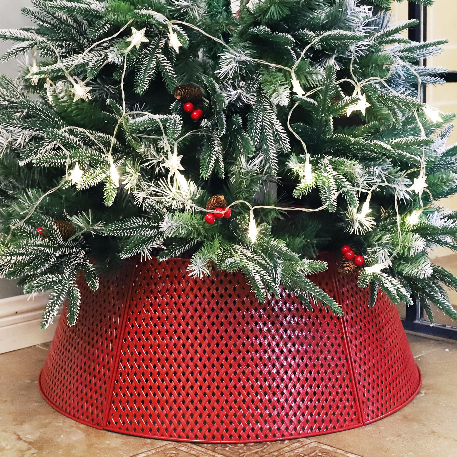 Amazon.com: WKHOMEDECO Red Christmas Tree Collar, Adjustable Grid Metal ...