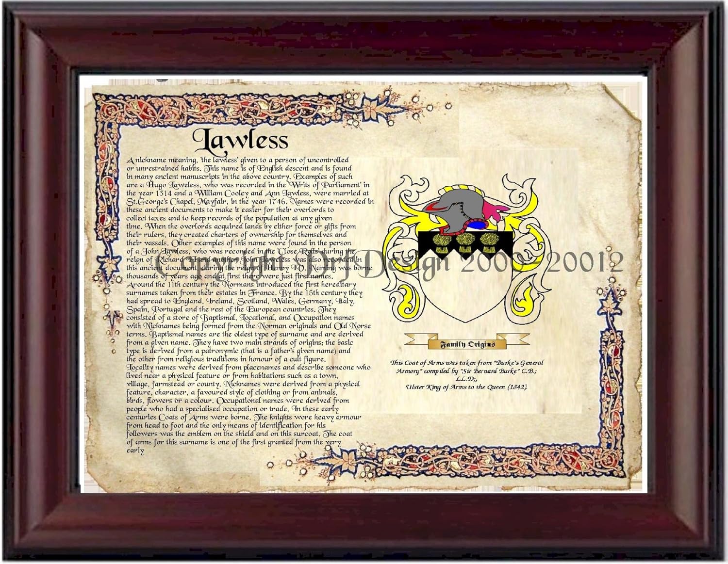 Amazon.com: DRFdesign Lawless Coat of Arms/Family Crest on Fine Paper ...