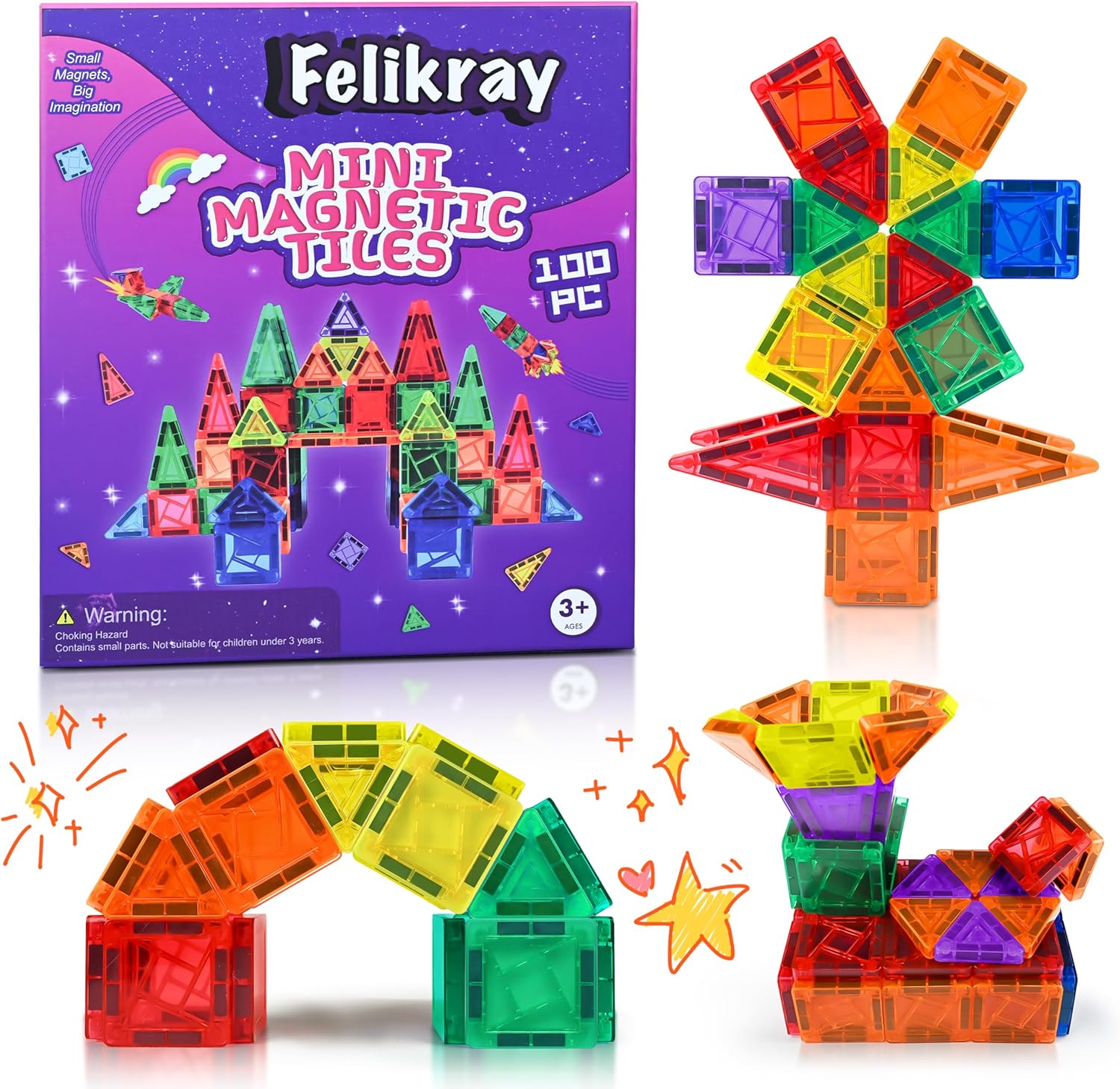 Amazon.com: Felikray 100pcs Mini Magnetic Tiles, Travel Kids Toys STEM ...
