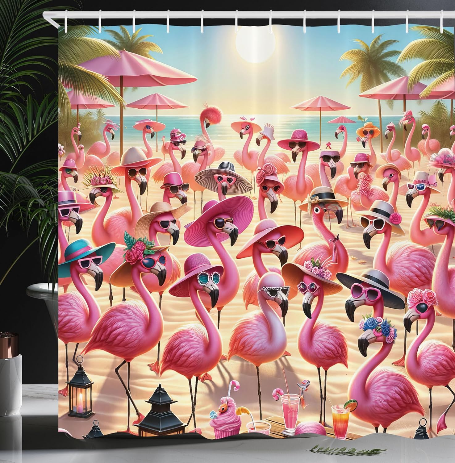 Amazon.com: Ambesonne Flamingo Shower Curtain, Summer Beach with ...
