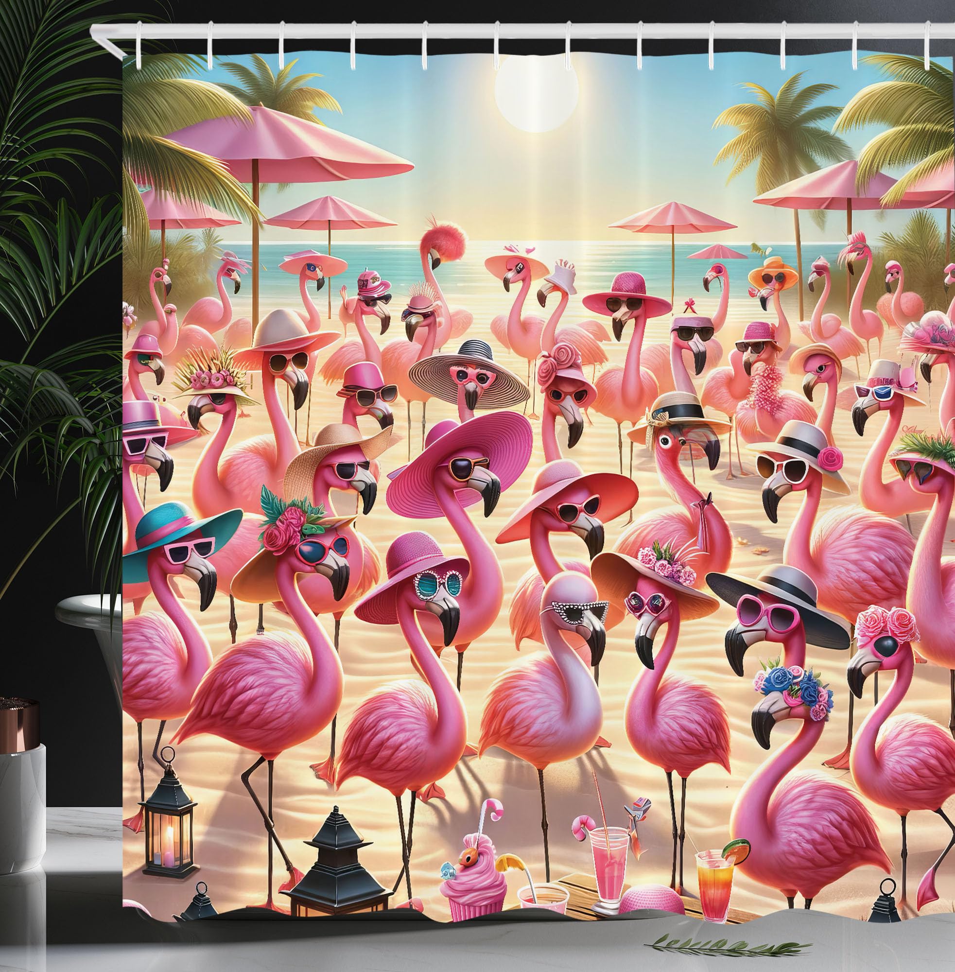 Amazon.com: Ambesonne Flamingo Shower Curtain, Summer Beach with ...