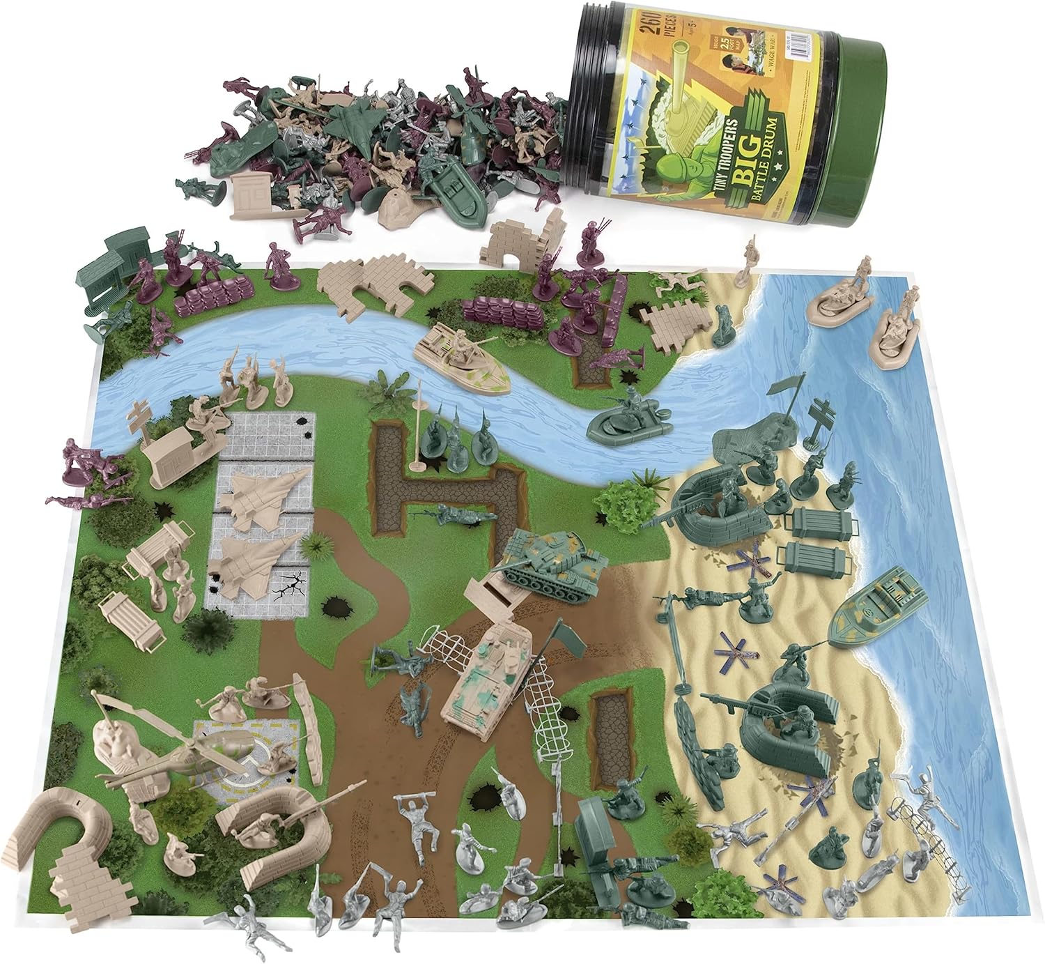 260 Piece Tiny Troopers Big Battle Drum Army Man Playset with Vehicles ...