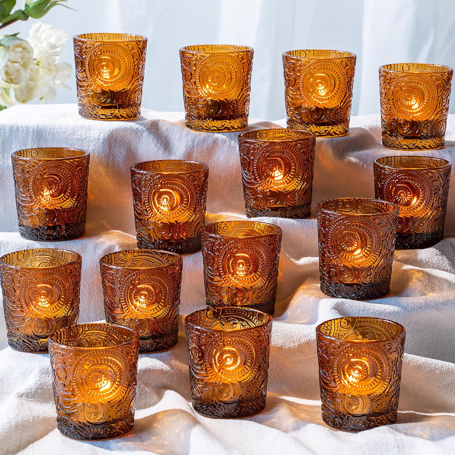 Amazon.com: 6 Pack Sun Moon Star Embossed Glass Tea Light Candle ...
