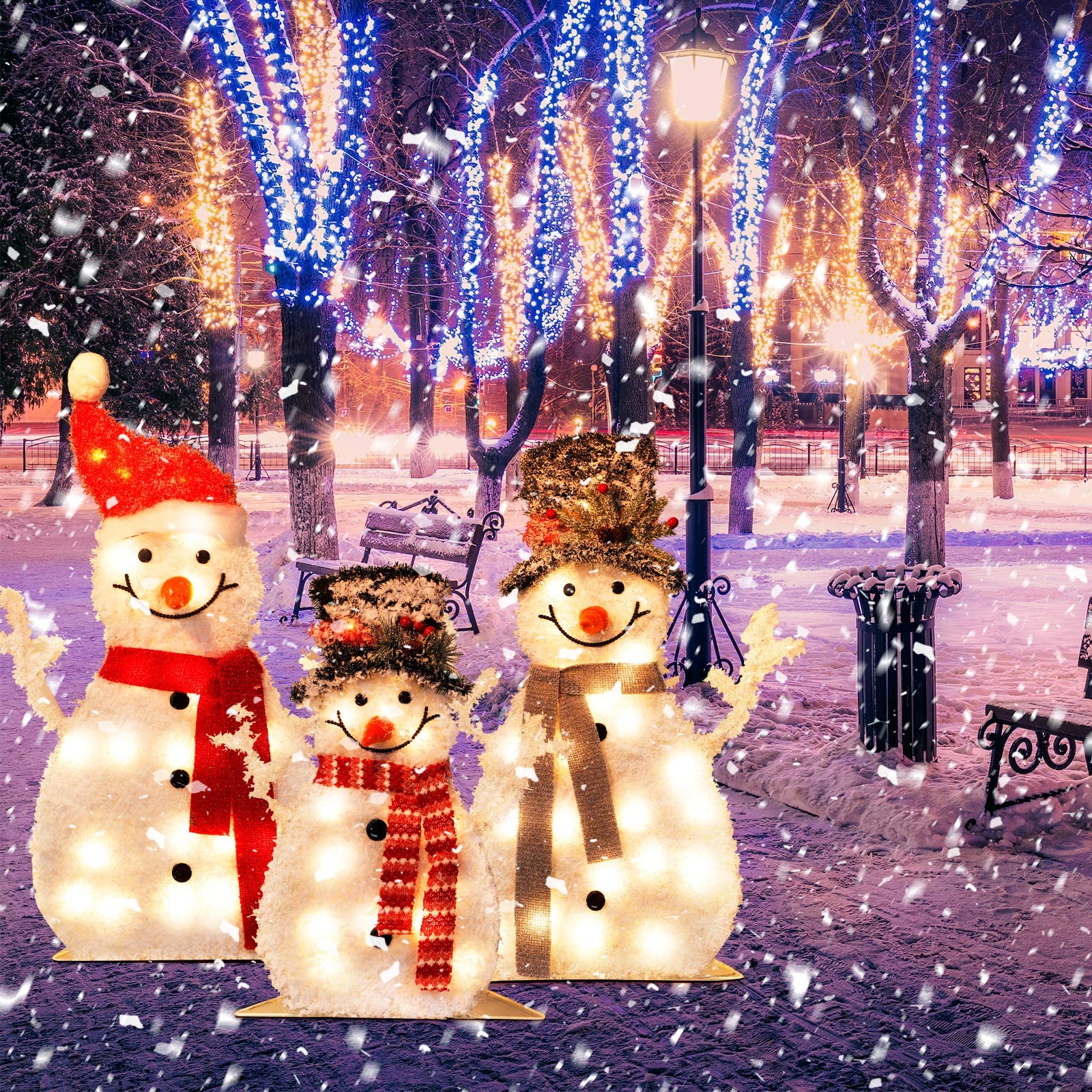 3 Pieces Christmas Snowman Outdoor Decorations Pre Lit Snowman Family ...