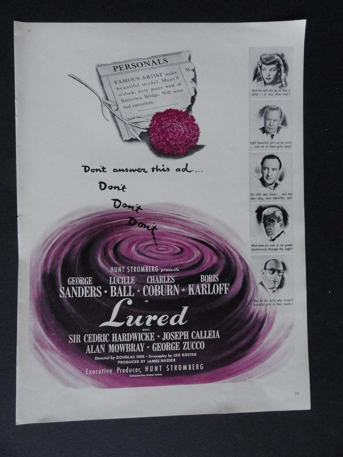 Amazon.com: Lured. Movie poster. print ad. 10 1/2" x 13 1/2" Color ...