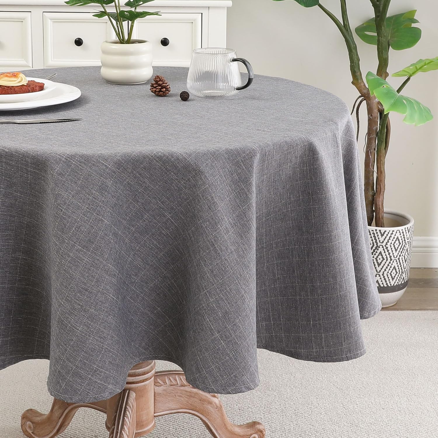 Amazon.com: cusugbaso Grey Round Tablecloth, Faux Linen Waterproof ...