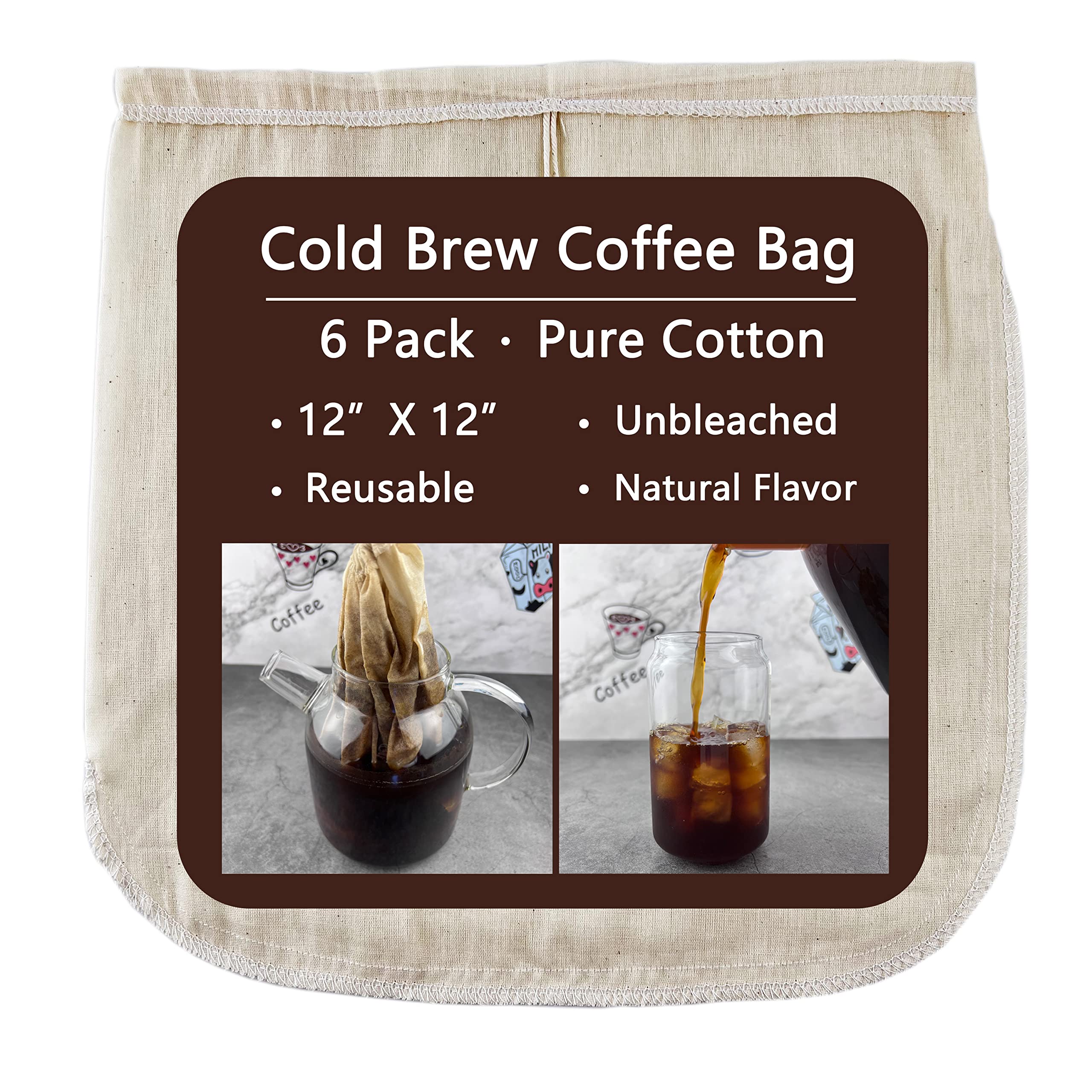 Amazon.com: 6 Pack - Pure Cotton Reusable Cold Brew Coffee Bag, 12 X 12 ...