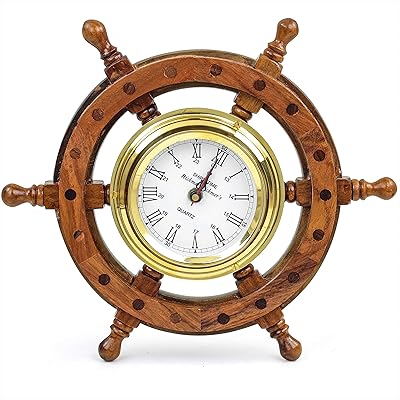 18" Solid Wood Brass Ship Wheel Wall Clock Porthole Nautical Decor ...