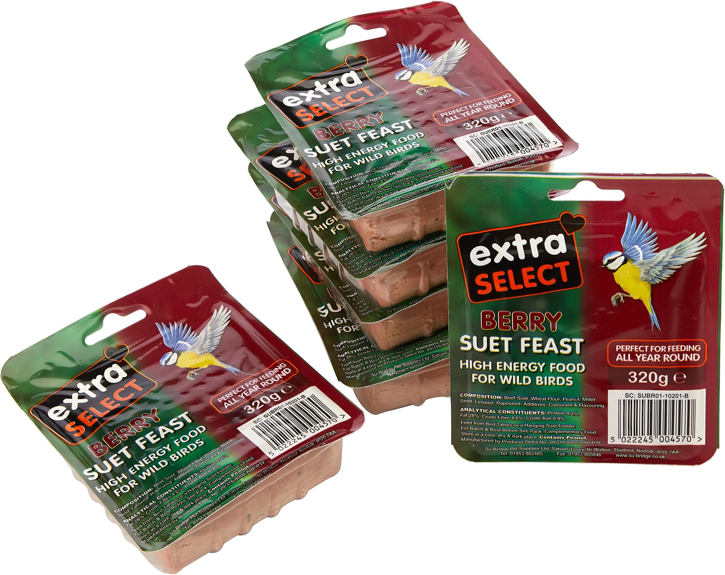 Extra Select Wild Bird High Energy Suet Block Wild Berry, 320 g (Pack ...