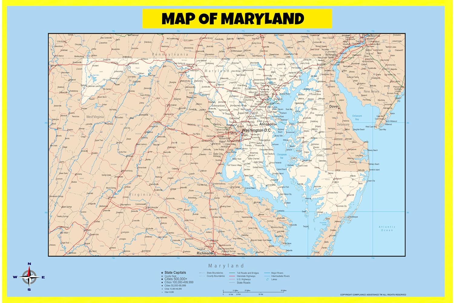 Amazon.com - Map Of Maryland Style D - 24x36 - Laminated Wall Map ...