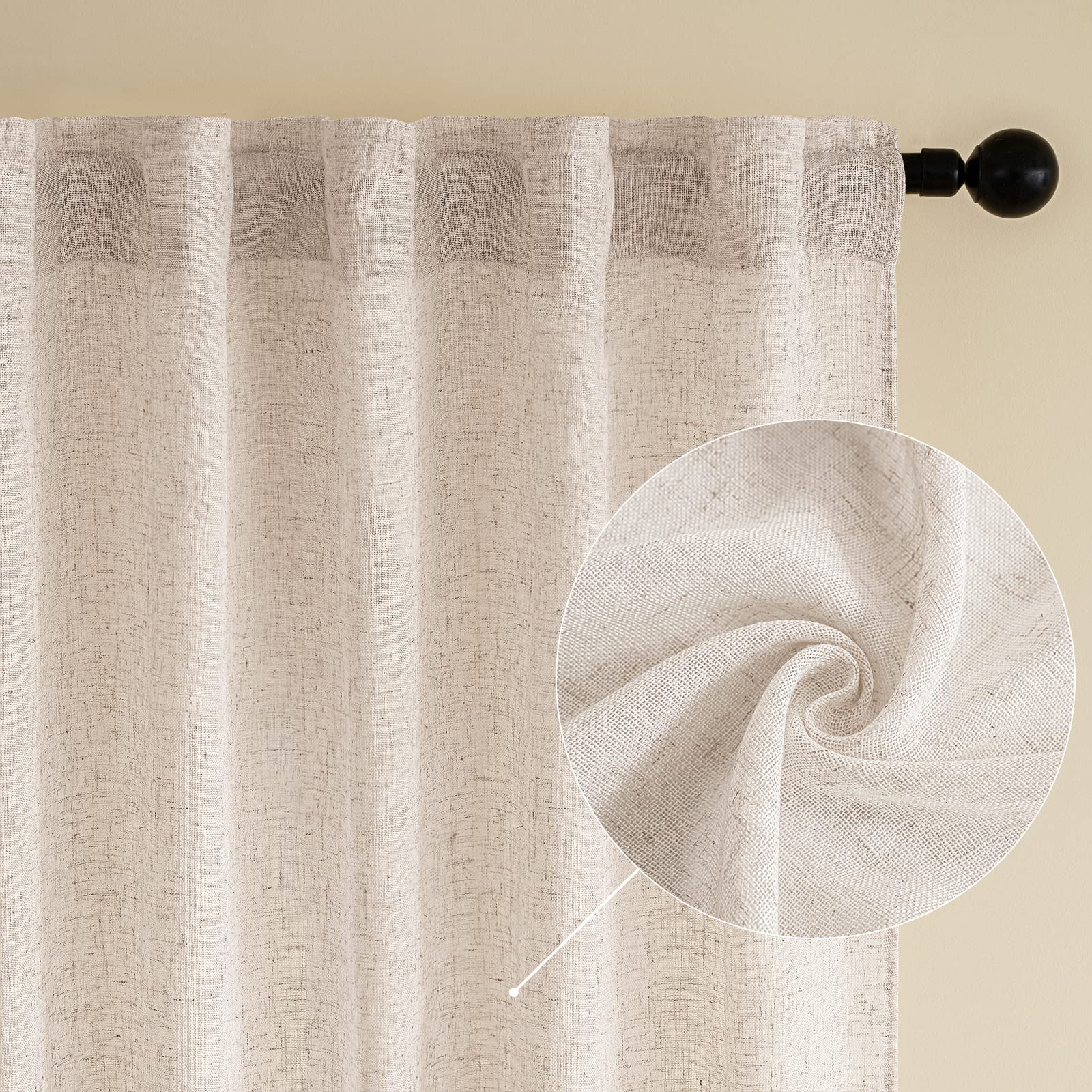 EMEMA Linen Natural White Sheer Curtains, Back Tab and Rod Pocket Linen ...