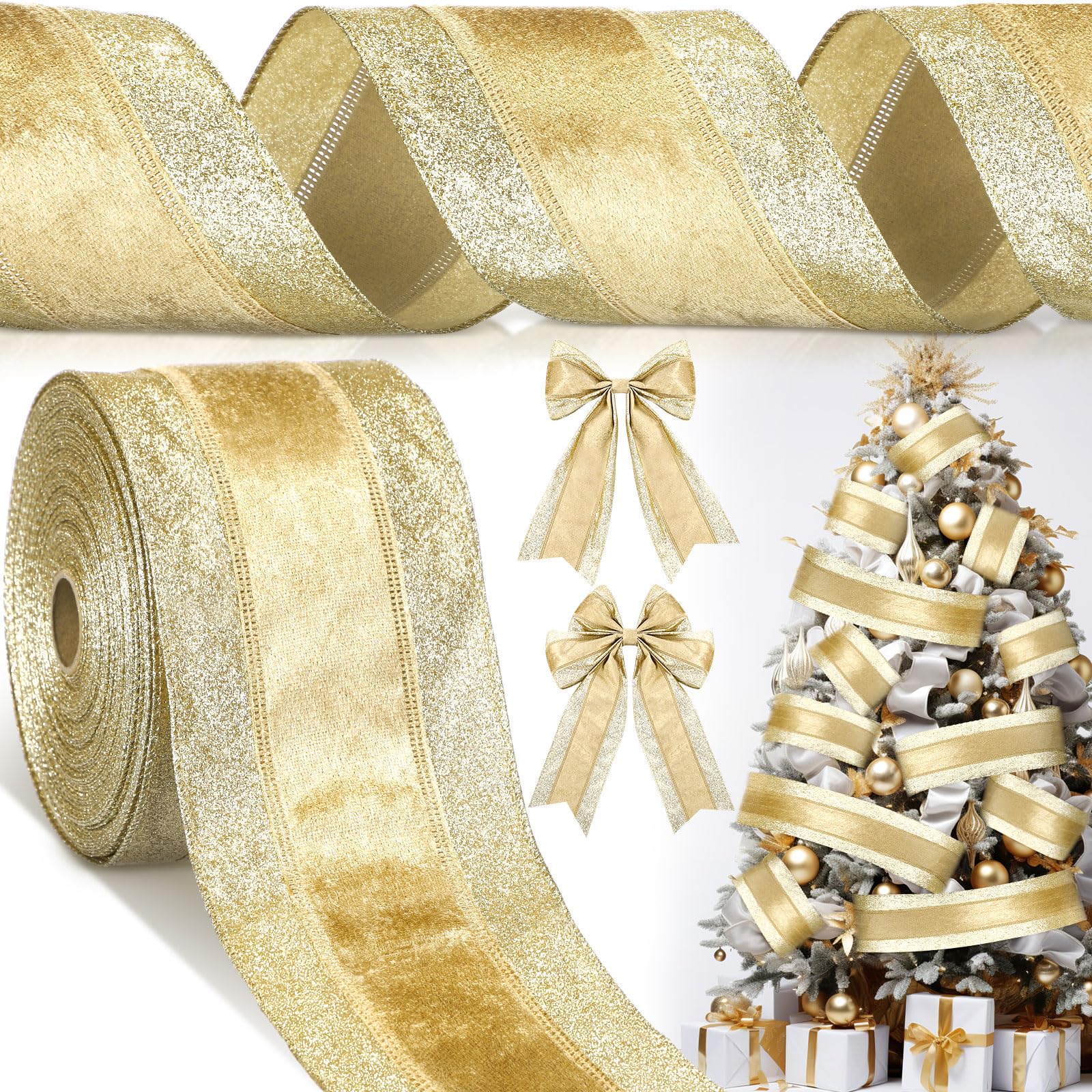 Amazon.com: Craftsatin Christmas Glitter Wired Ribbon 4 Inch Wide ...