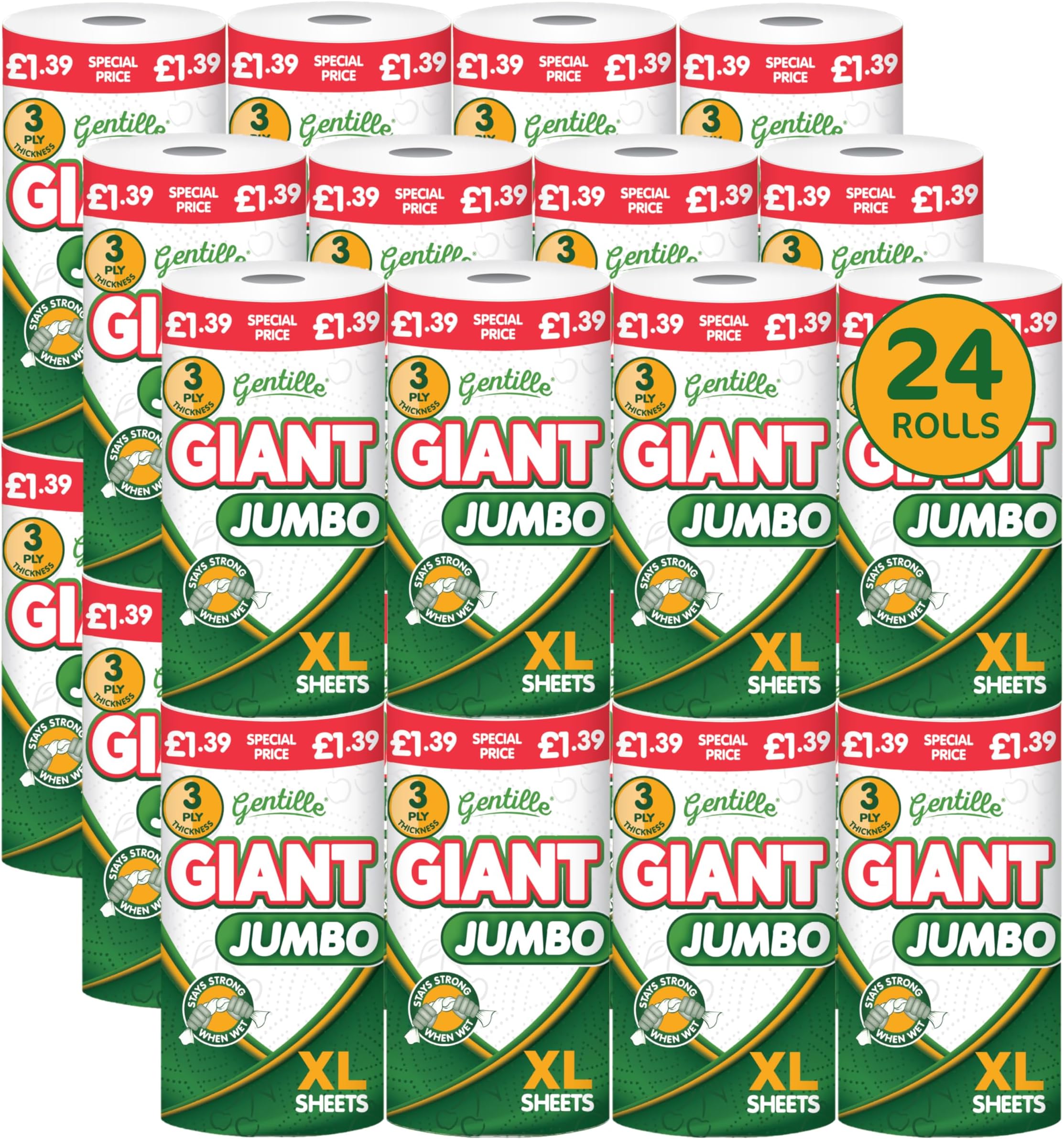 Gentille Giant Kitchen Roll Jumbo 3PLY Thickness Towel Durable Paper 24 ...