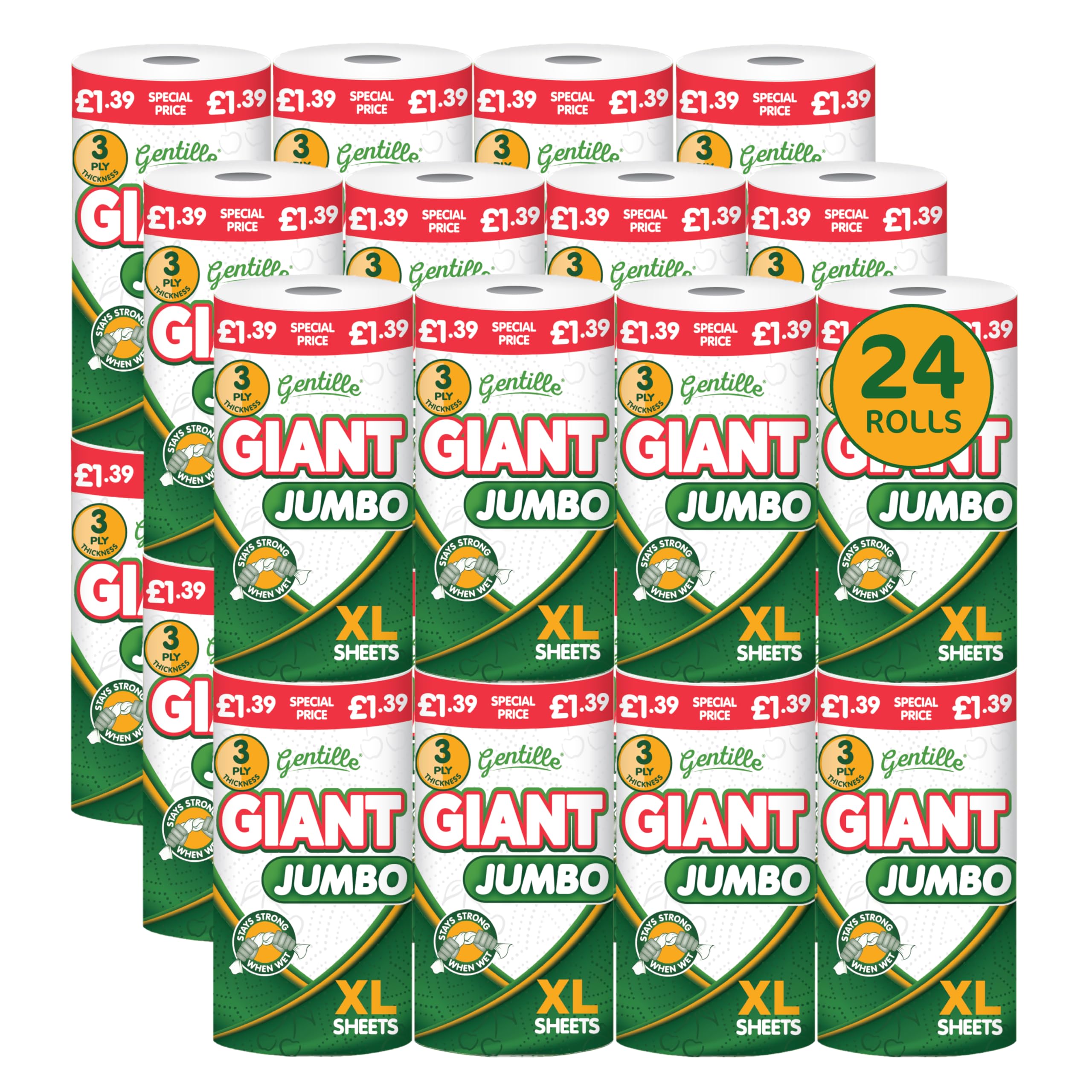 Gentille Giant Kitchen Roll Jumbo 3PLY Thickness Towel Durable Paper 24 ...