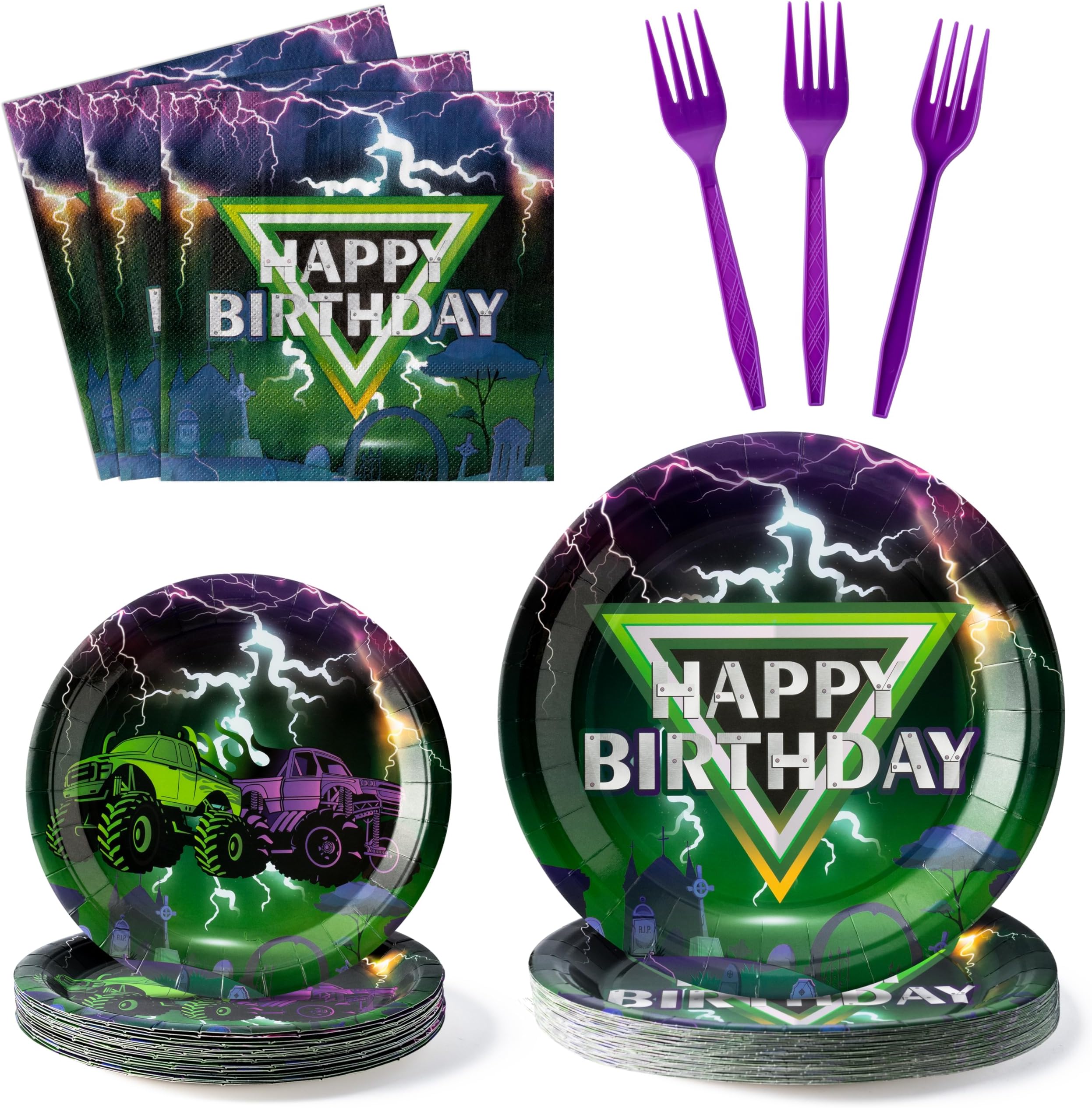 Amazon.com: G1ngtar 96Pcs Monster Truck Party Plates Supplies Happy ...