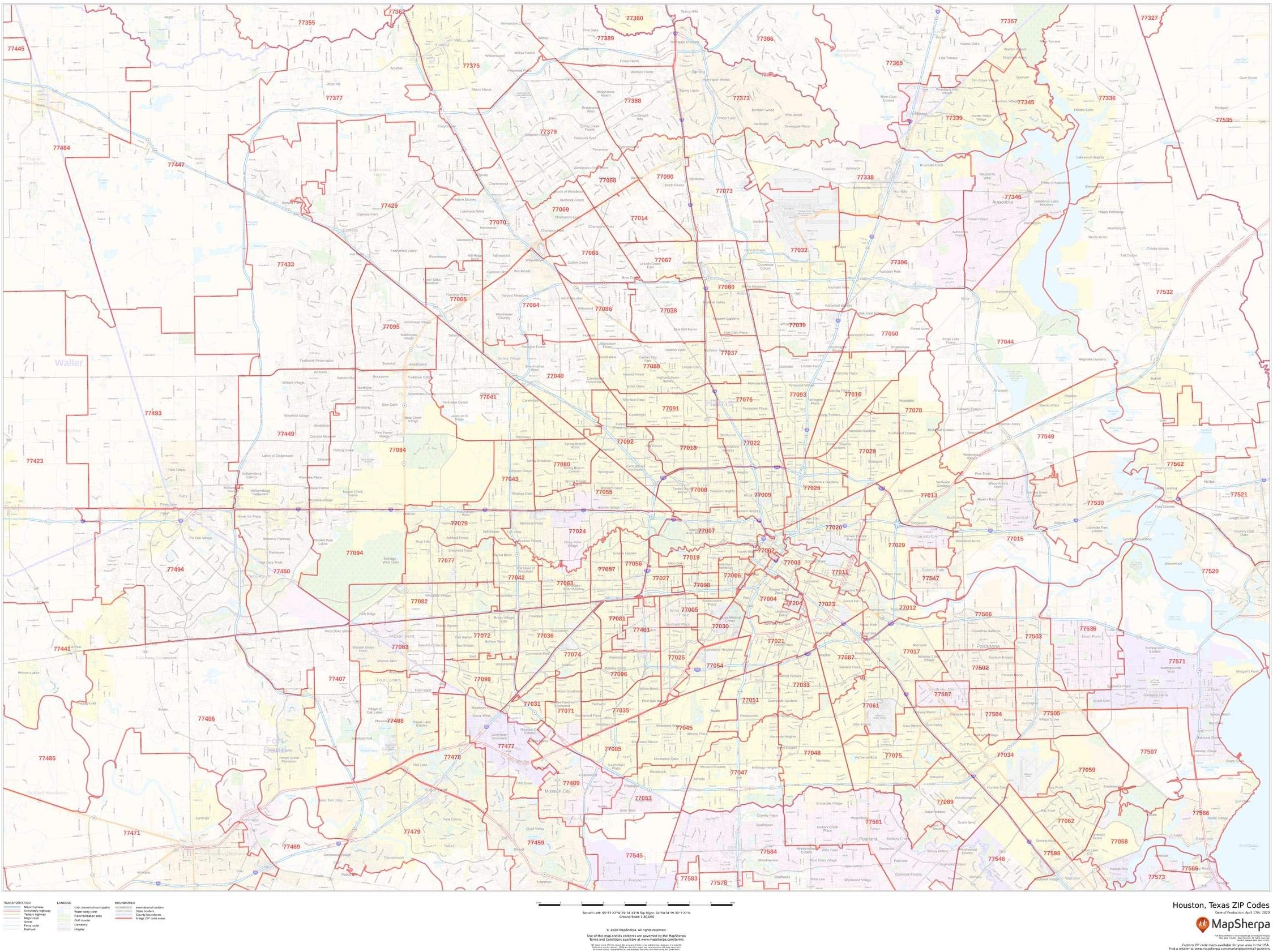 Amazon.com : Harris County, Texas Zip Codes - 48" x 36" Paper Wall Map ...