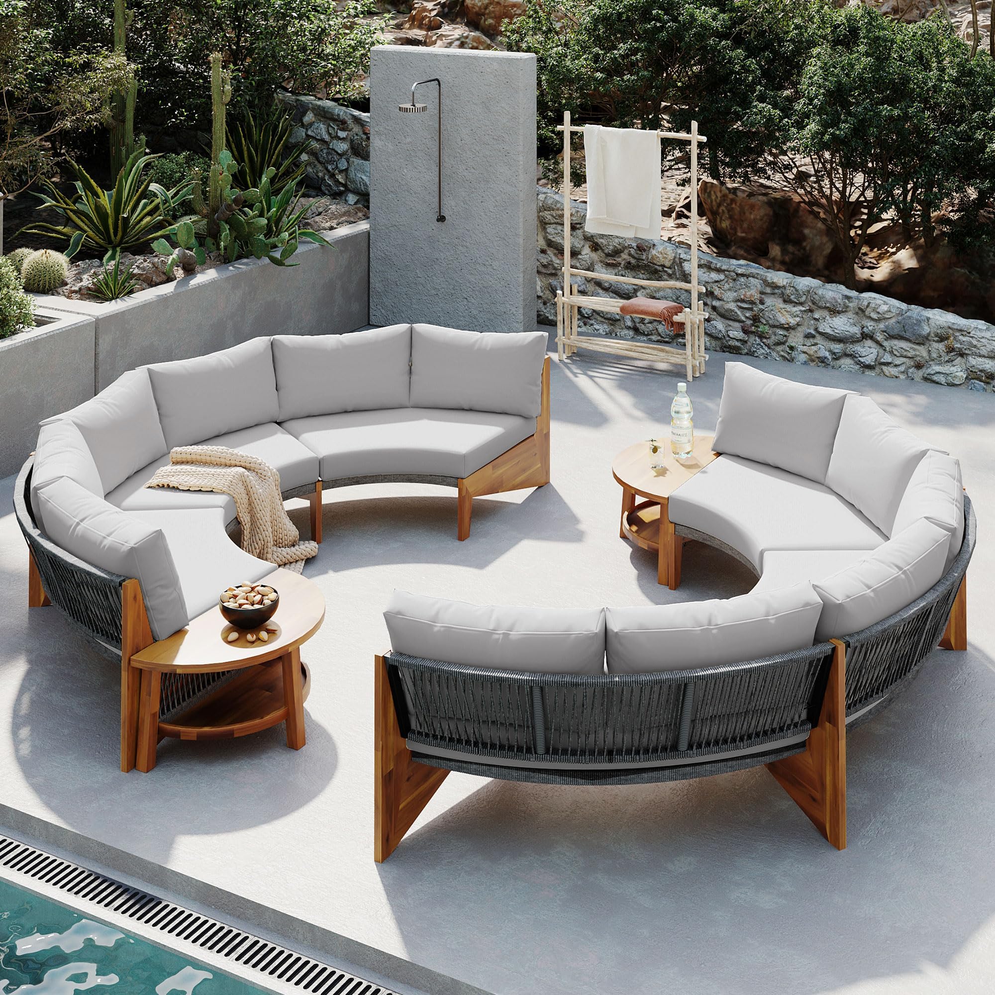 Amazon.com: Outdoor Half Moon Sofa Set Curved Seating Group, Acacia ...