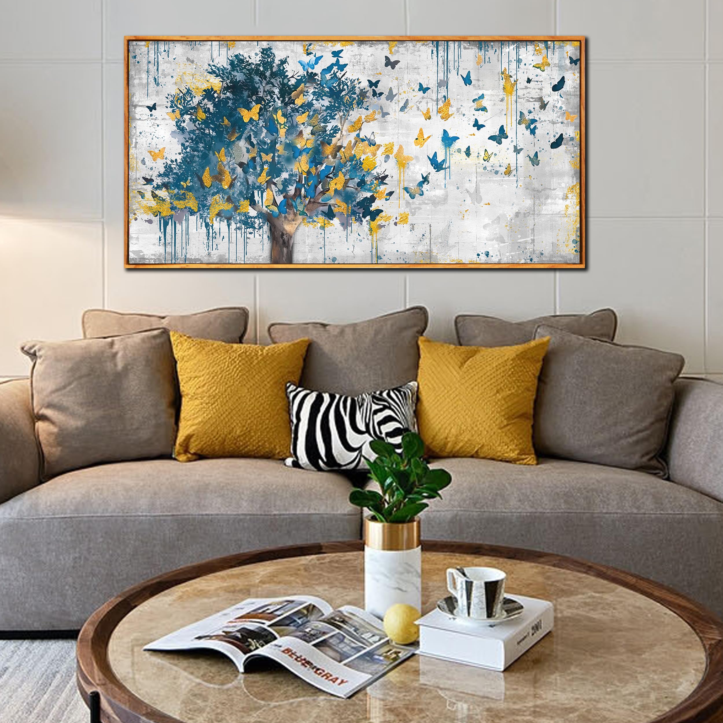 Large Framed Canvas Wall Art Blue Tree Golden Butterflies Picture ...