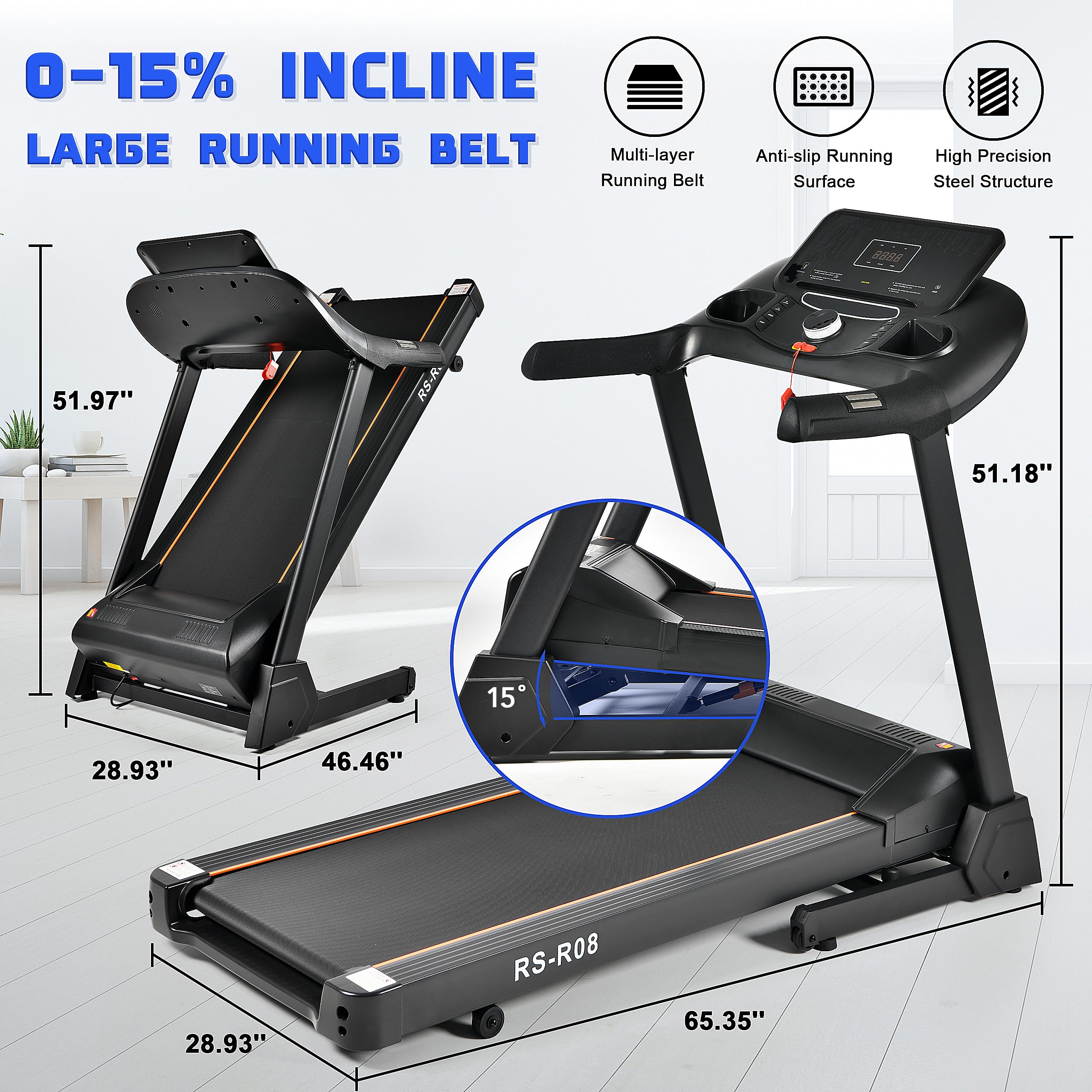 Treadmills for Home, Folding Treadmill with Auto Incline 0-15%, 18 ...