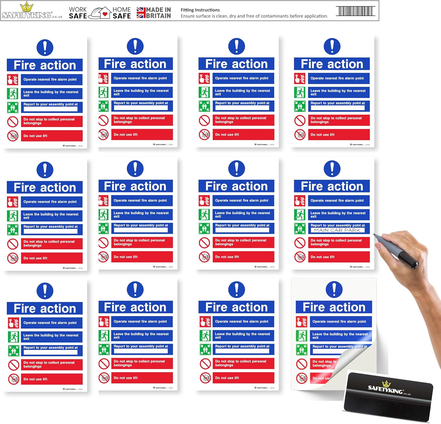 SAFETYKING® FIRE ACTION STICKER KIT - 12 Piece Set with Squeegee and ...