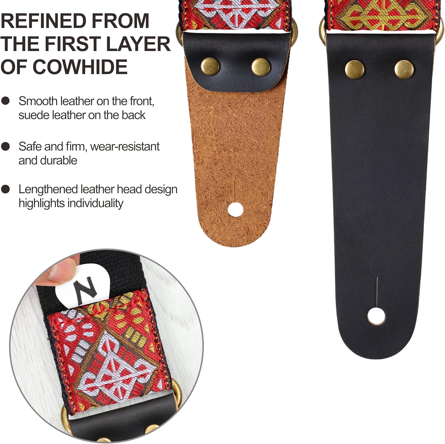 Nefelibata Guitar Strap, Cotton Guitar Straps with Head Cowhide Leather ...