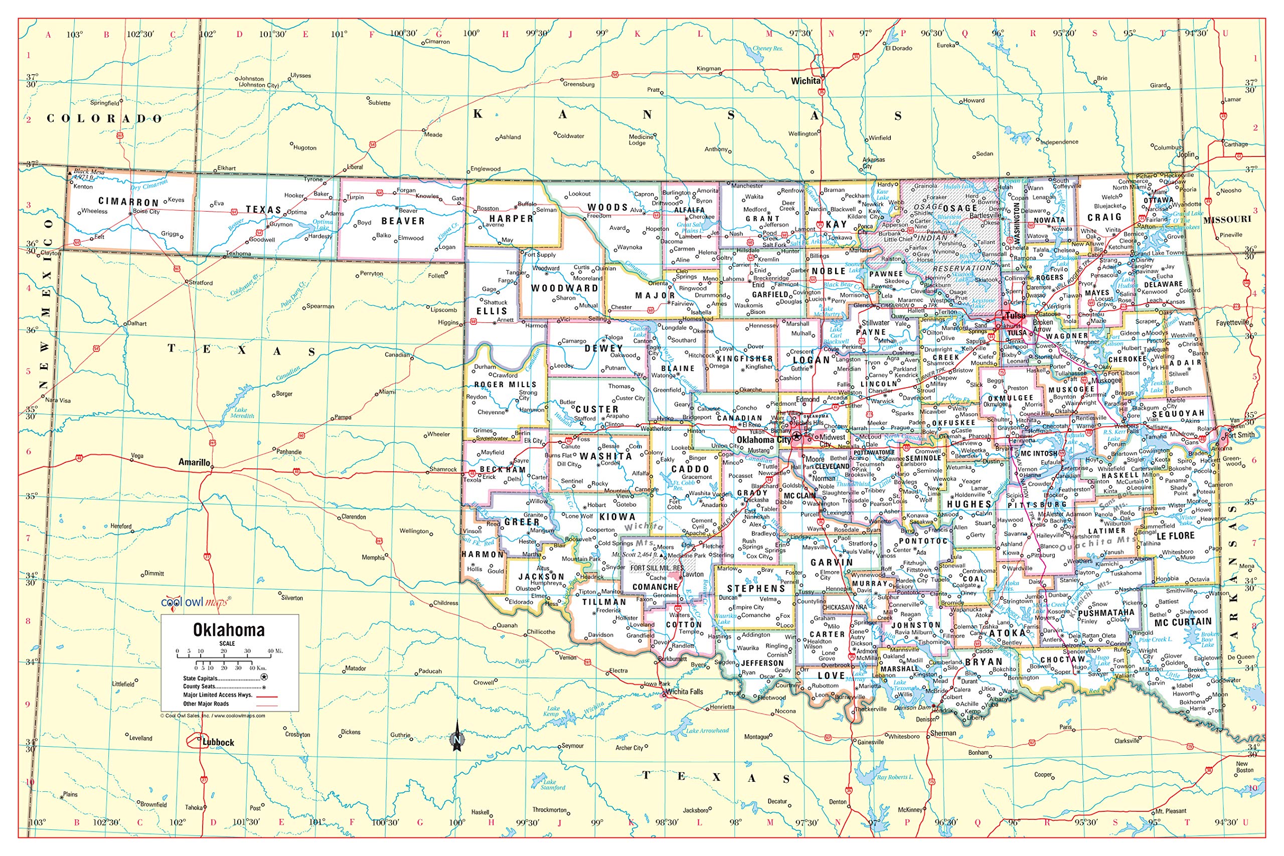 Cool Owl Maps Oklahoma State Wall Map Poster Rolled 36wx24h ...