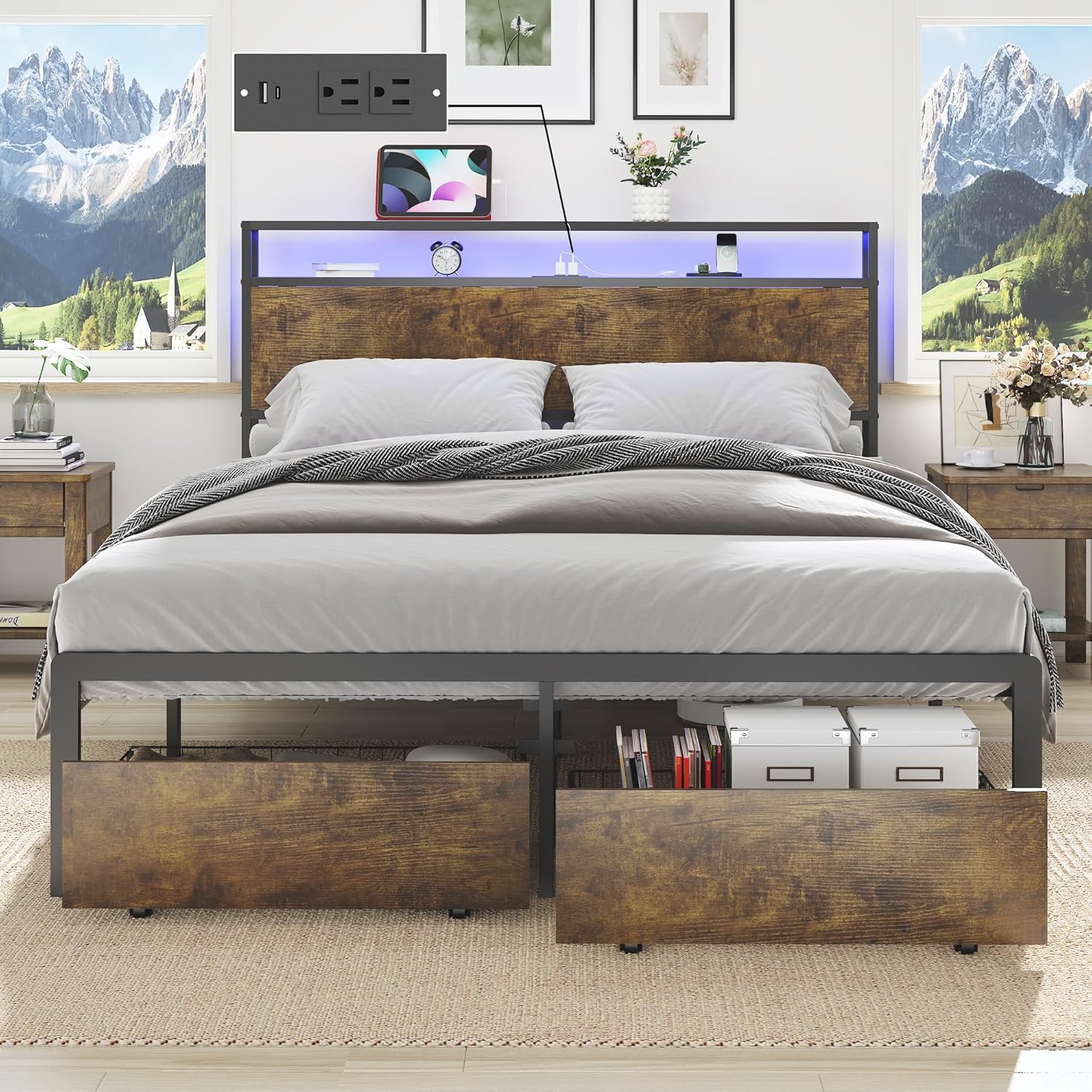 Amazon.com: SAMTRA King Size Bed Frame with Headboard & 2 Storage ...