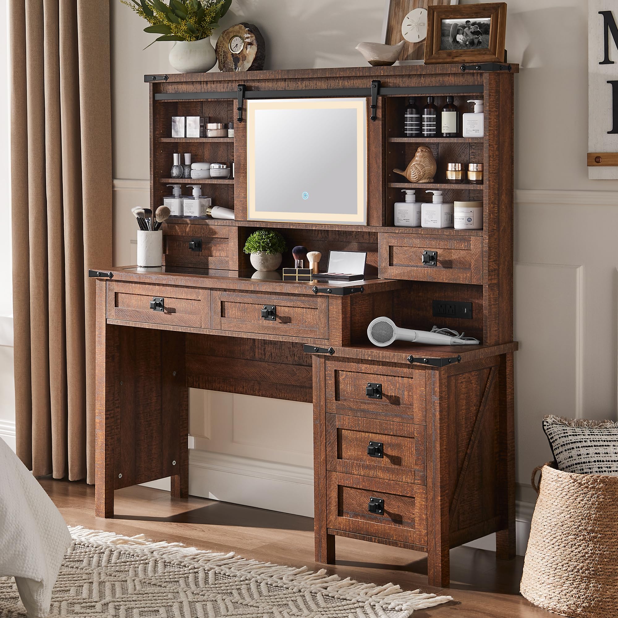 Amazon.com: T4TREAM 48'' Farmhouse Makeup Vanity Desk with Sliding HD ...