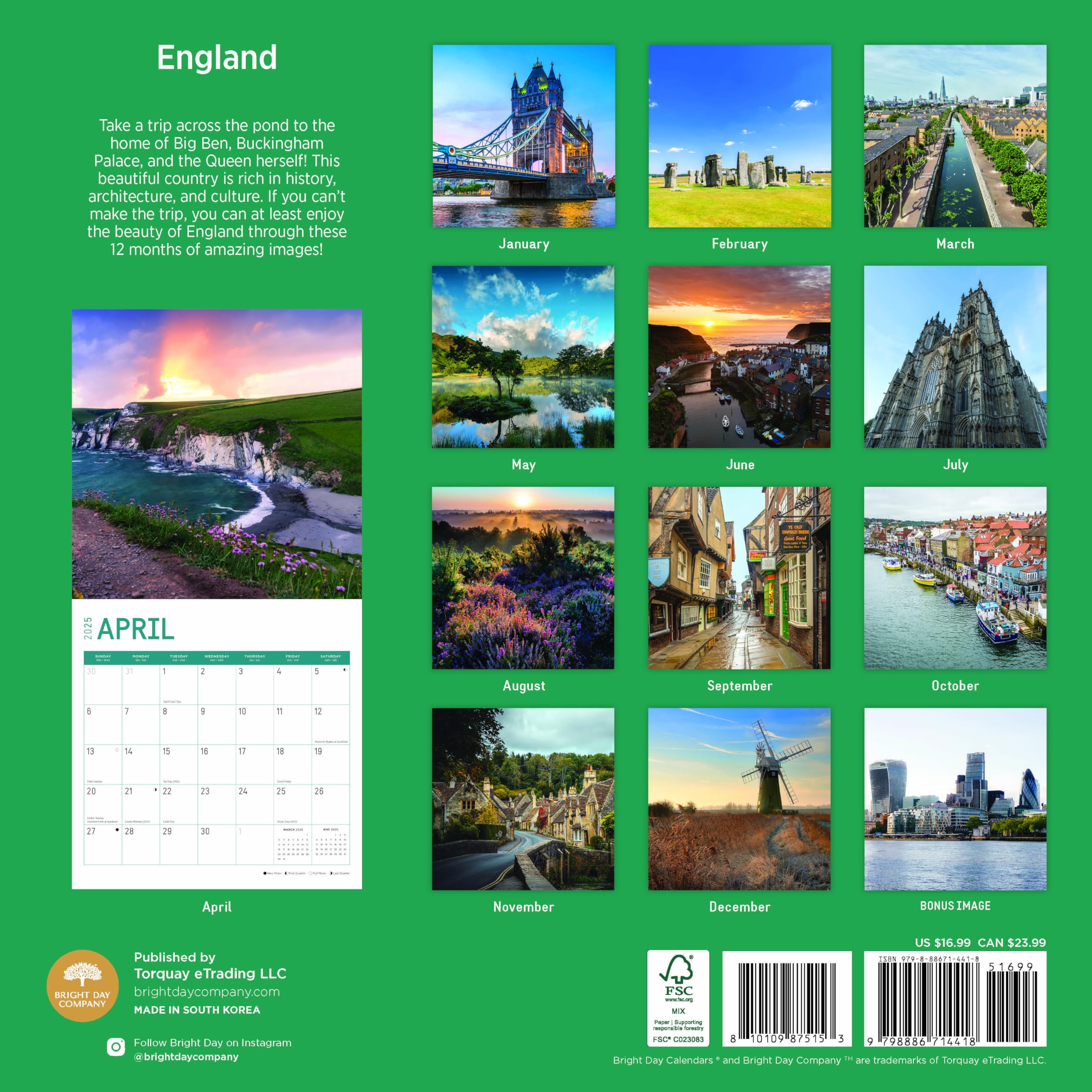 2025 England Monthly Wall Calendar by Bright Day, 12 x 12 Inch United ...