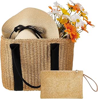 2 Pcs Summer Straw Bags Clutch Purse Set, Large Beach Bag Handwoven ...