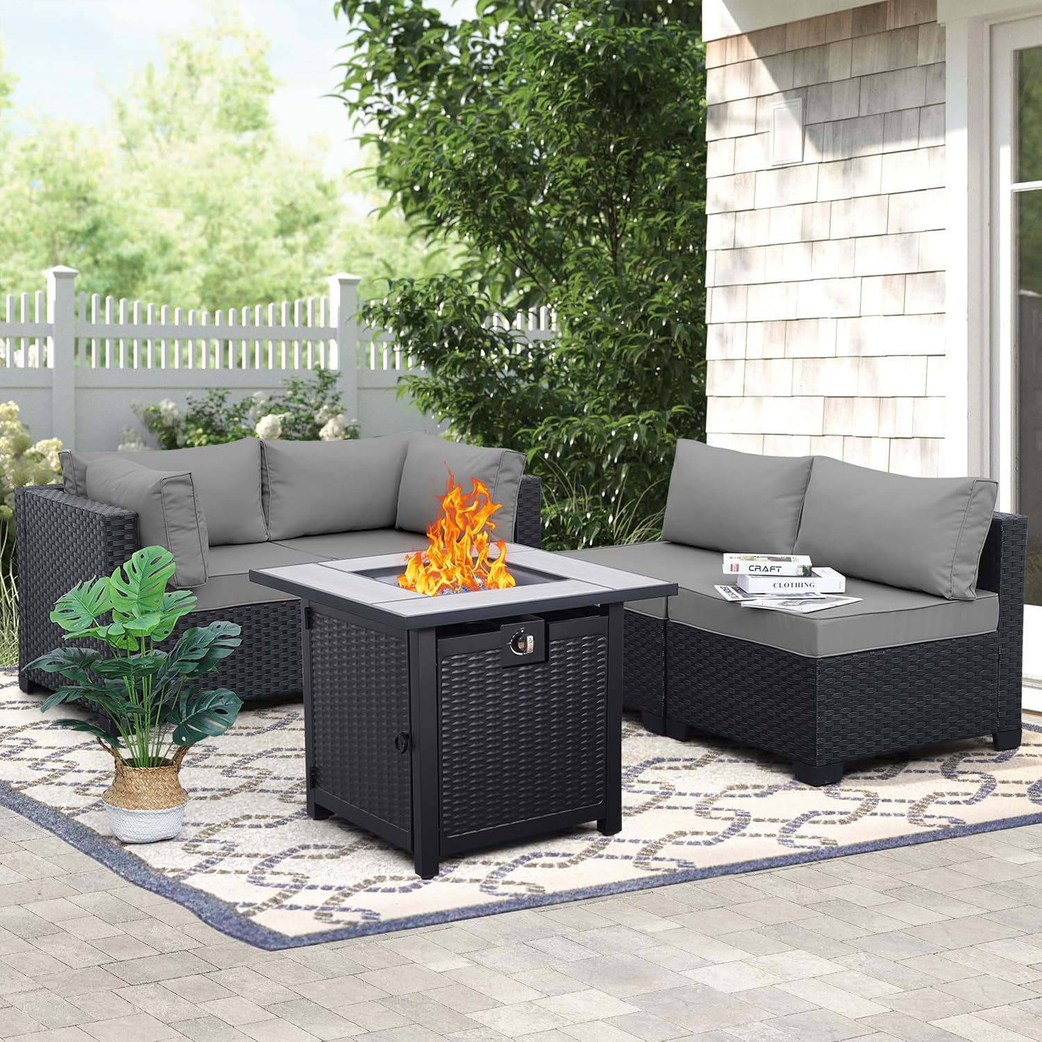 Amazon.com: WAROOM Outdoor Patio PE Wicker 5 Piece Furniture Set, Black Rattan Sectional ...