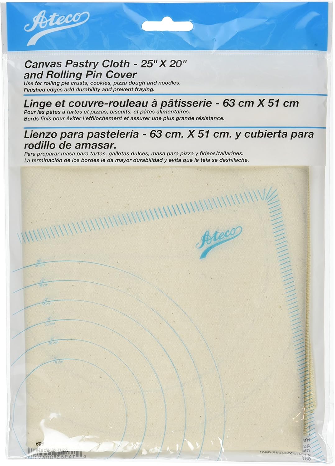 Amazon.com: Ateco Canvas Pastry Cloth and Rolling Pin Cover, 25" x 20 ...