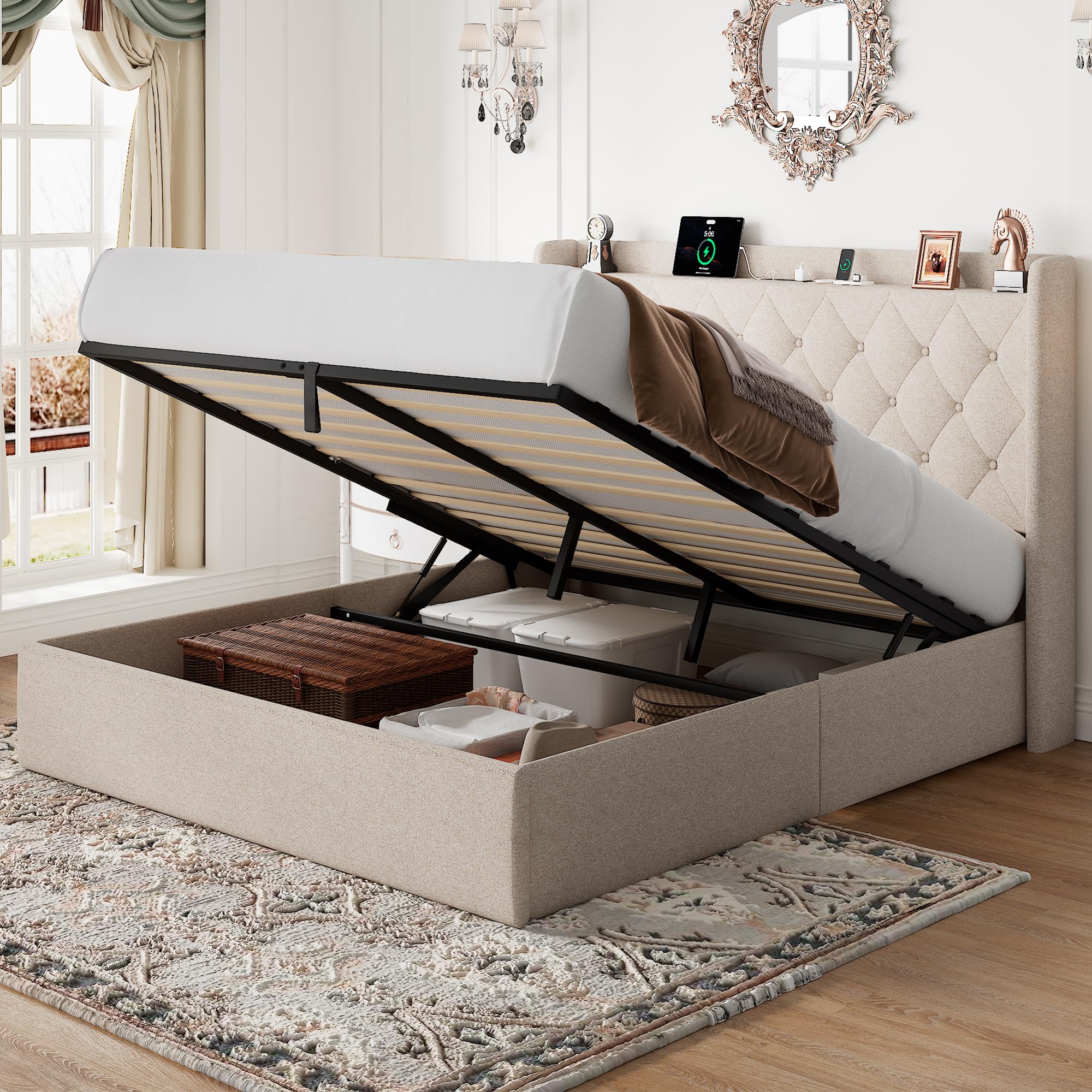 Snapklik.com : Feonase Full Size Lift Up Storage Bed Frame