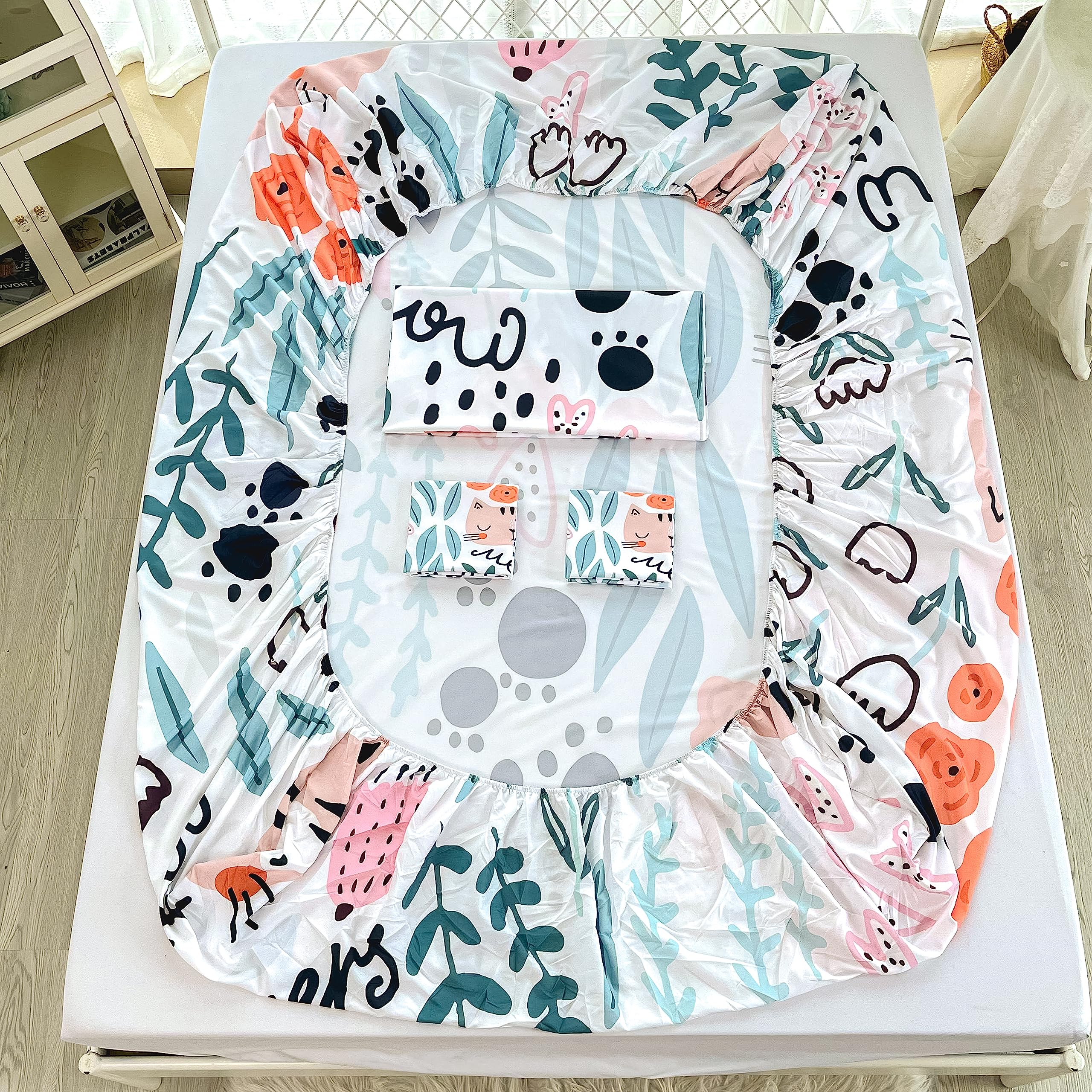 CVHOUSE Cat Fitted Sheet Twin Size,Cartoon Cat Bed Sheet Set for Kids ...