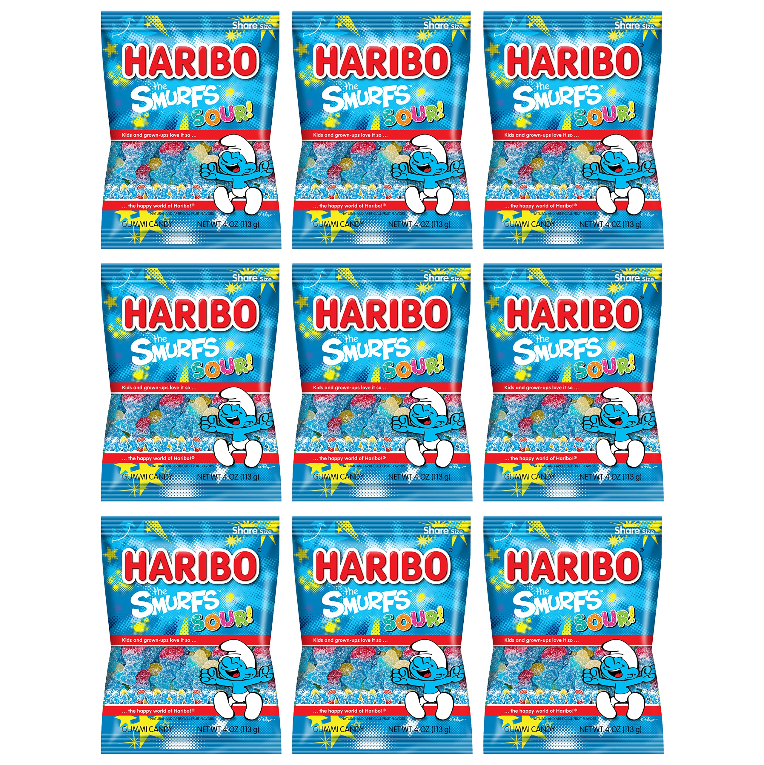 Amazon.com : Haribo Sour Smurfs Pack of 9 (4oz Bags) Sweet and Sour ...