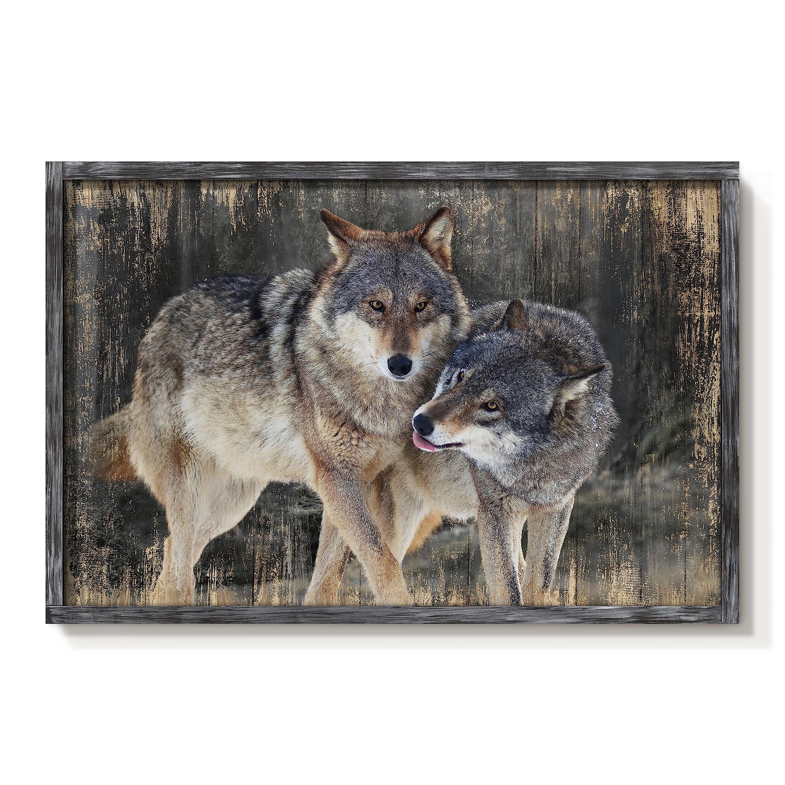 Wolves Framed Wall Art Decor: Modern Wildlife Wooden Painting Rustic ...