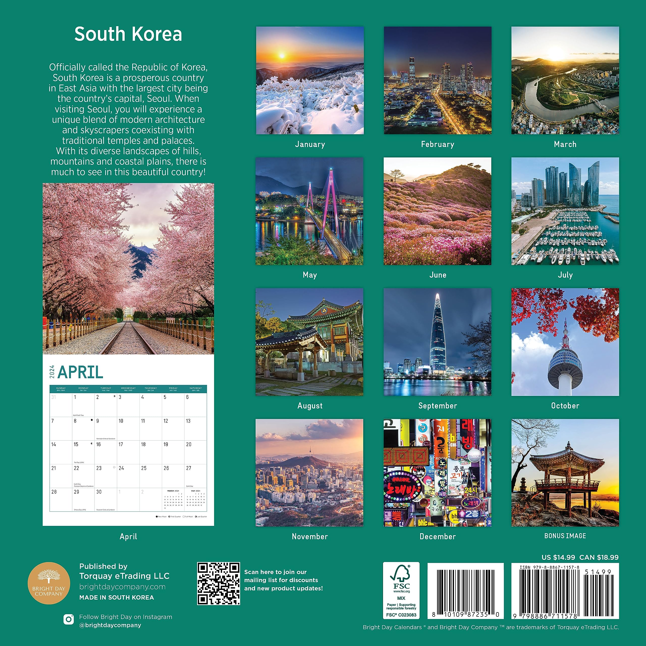 Snapklik.com : 2024 South Korea Monthly Wall Calendar By Bright Day
