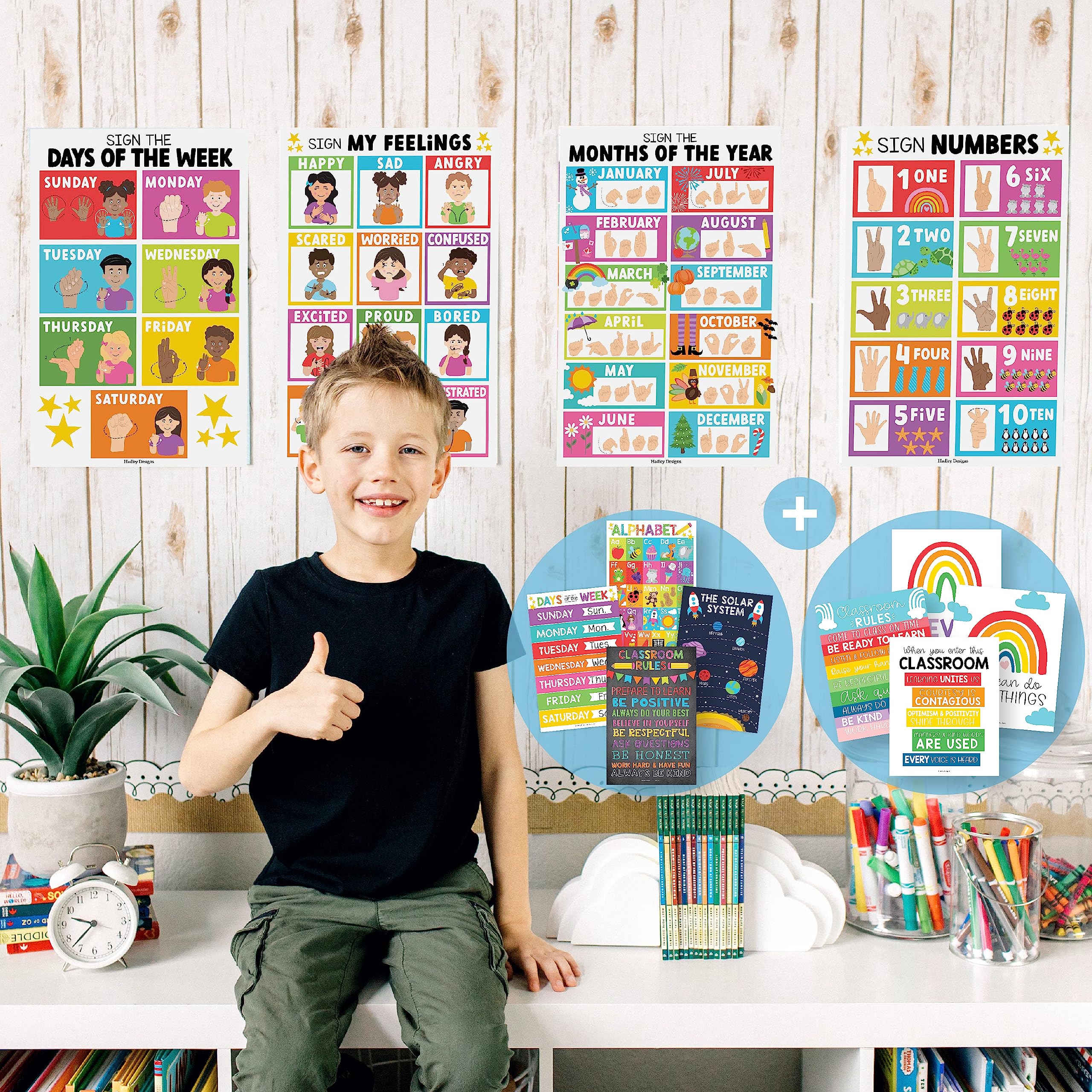 Amazon.com: 8 Colorful American Sign Language Poster For Kids, 16 Kids ...