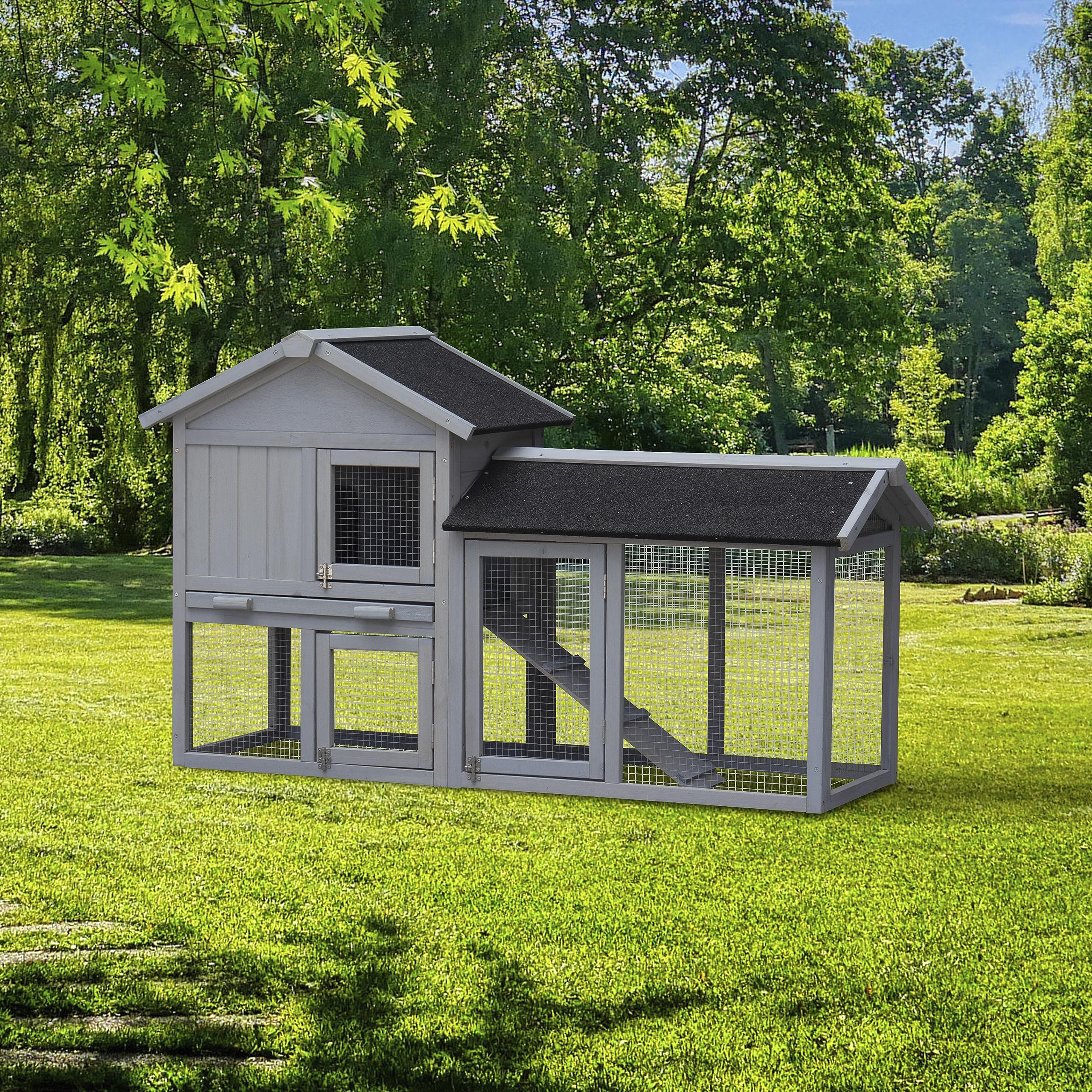 Rabbit Hutch Outdoor, 58inch Multi-Level Rabbit Cage Metal & Wood ...