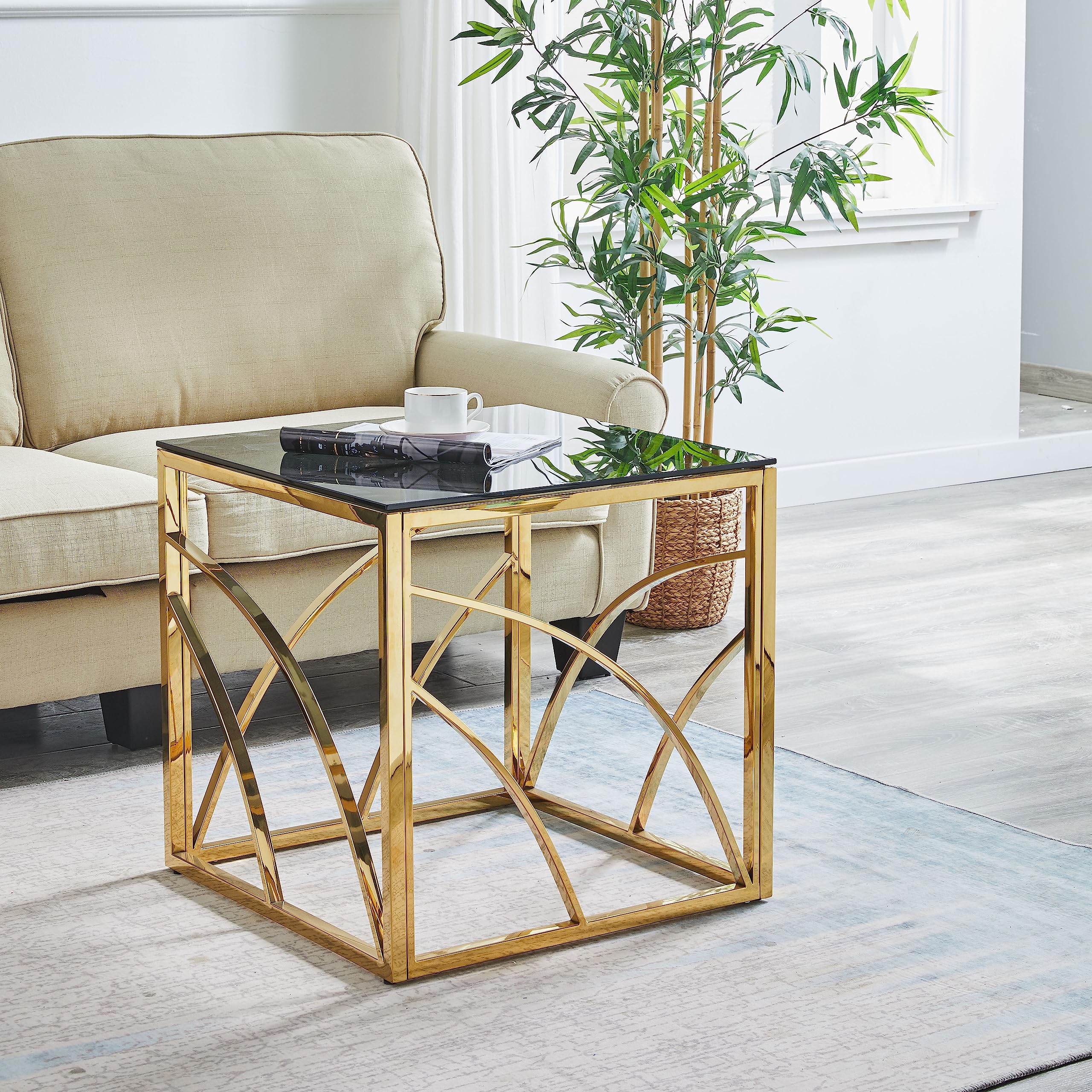 Amazon.com: YAINITURE Square Glass End Table Blue Astral Grey Glass Top ...