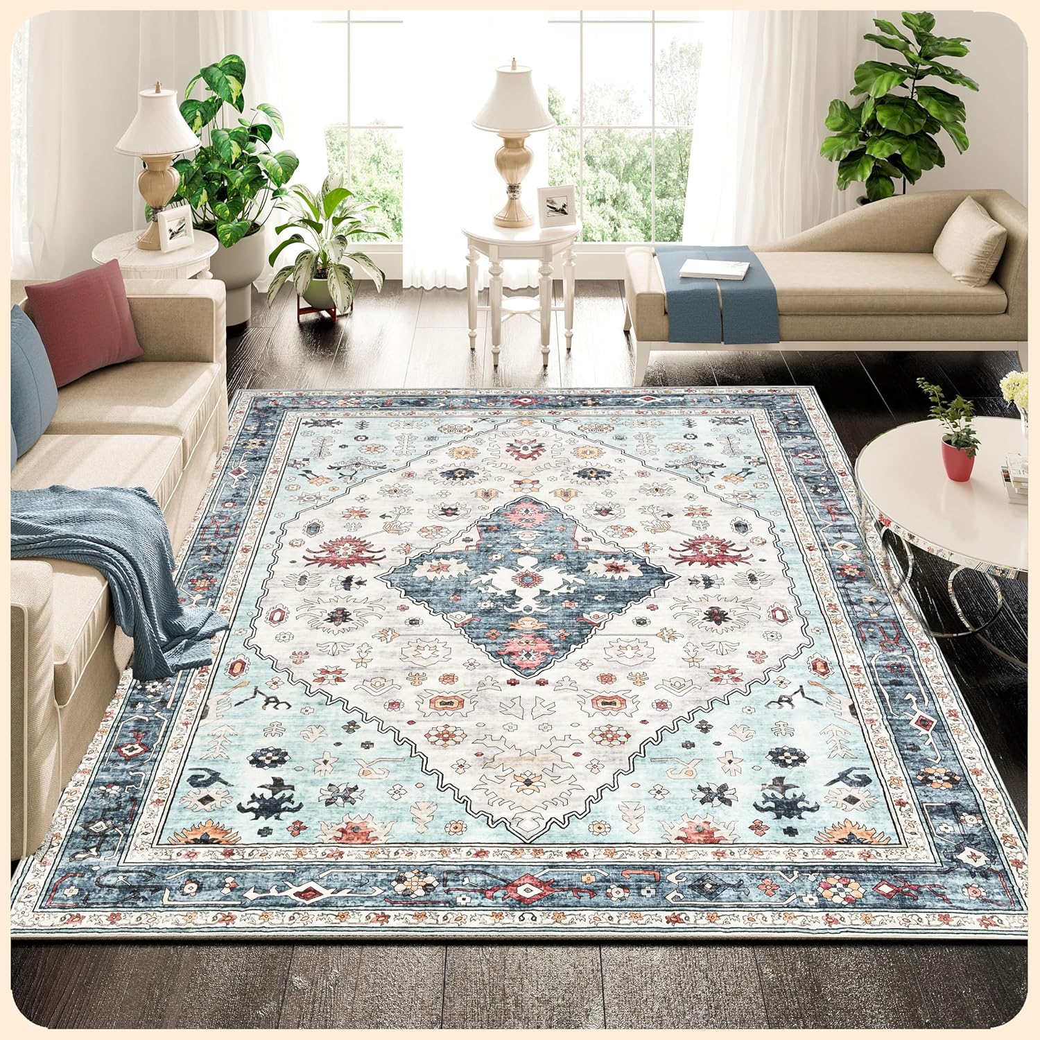Amazon.com: Istana Rugs 8x10 - Cream Blue Area Rug - Foldable Bedroom ...