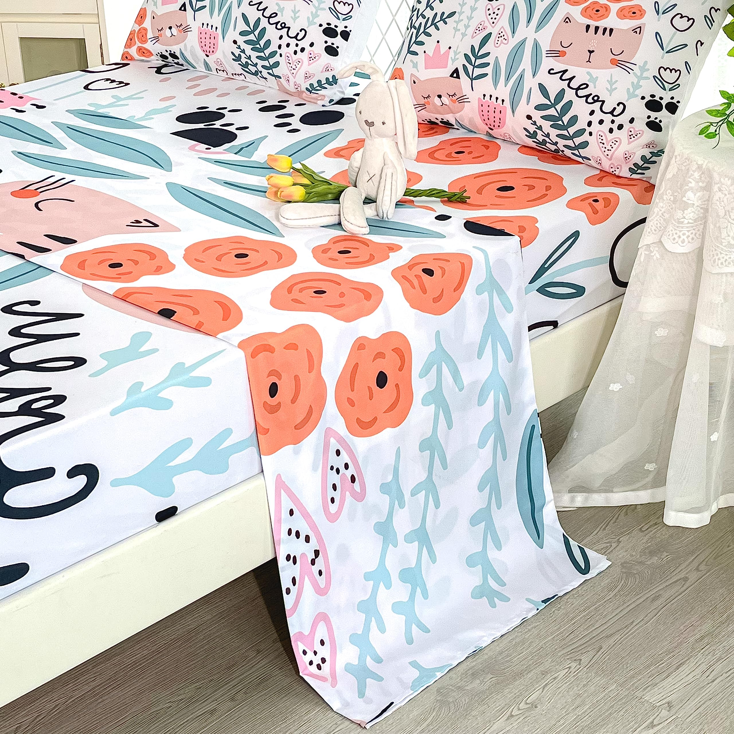 CVHOUSE Cat Fitted Sheet Twin Size,Cartoon Cat Bed Sheet Set for Kids ...