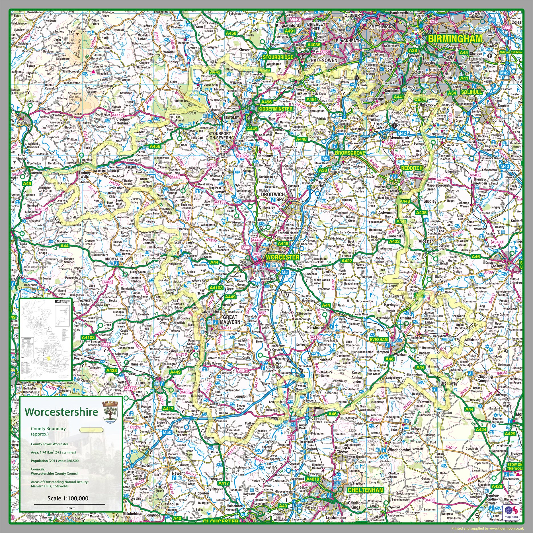 Worcestershire - UK County Map Paper Laminated - 75 x 75 cm : Amazon.co ...